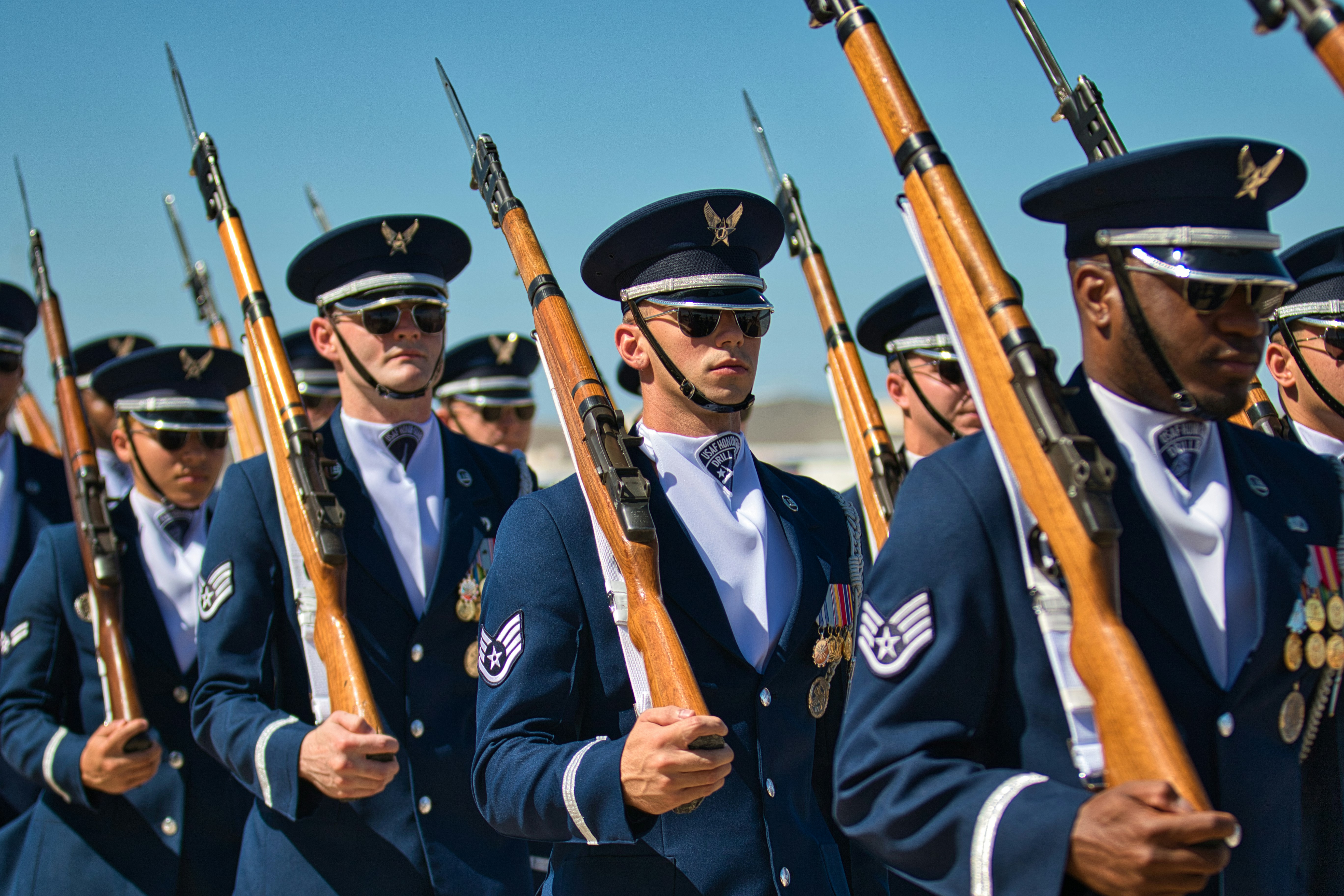 Air Force Honor Guard Drill Team | Air force soldiers marching in formation.