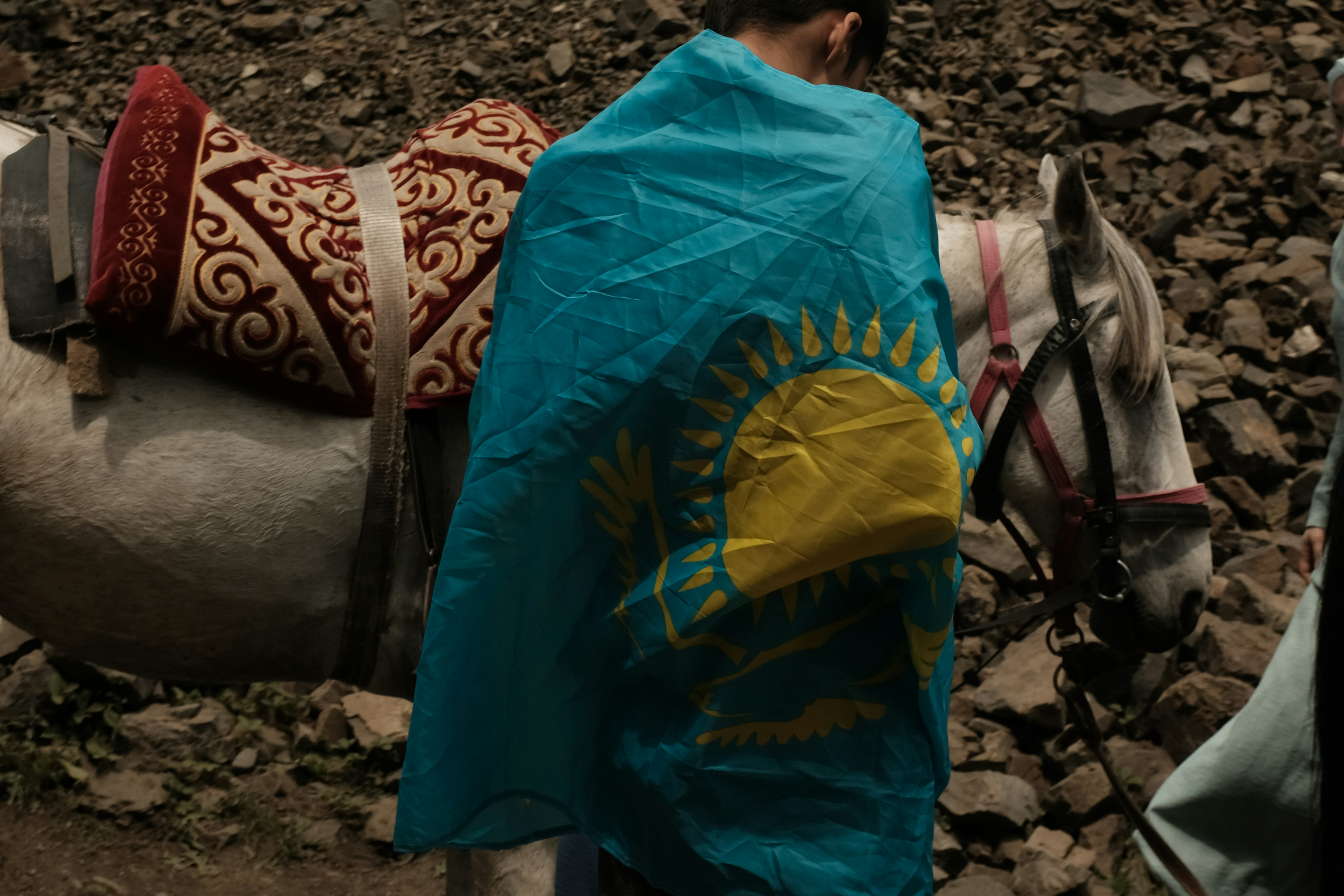 A person draped in a vibrant blue flag adorned with a sun emblem stands beside a decorated white horse in a rocky landscape.