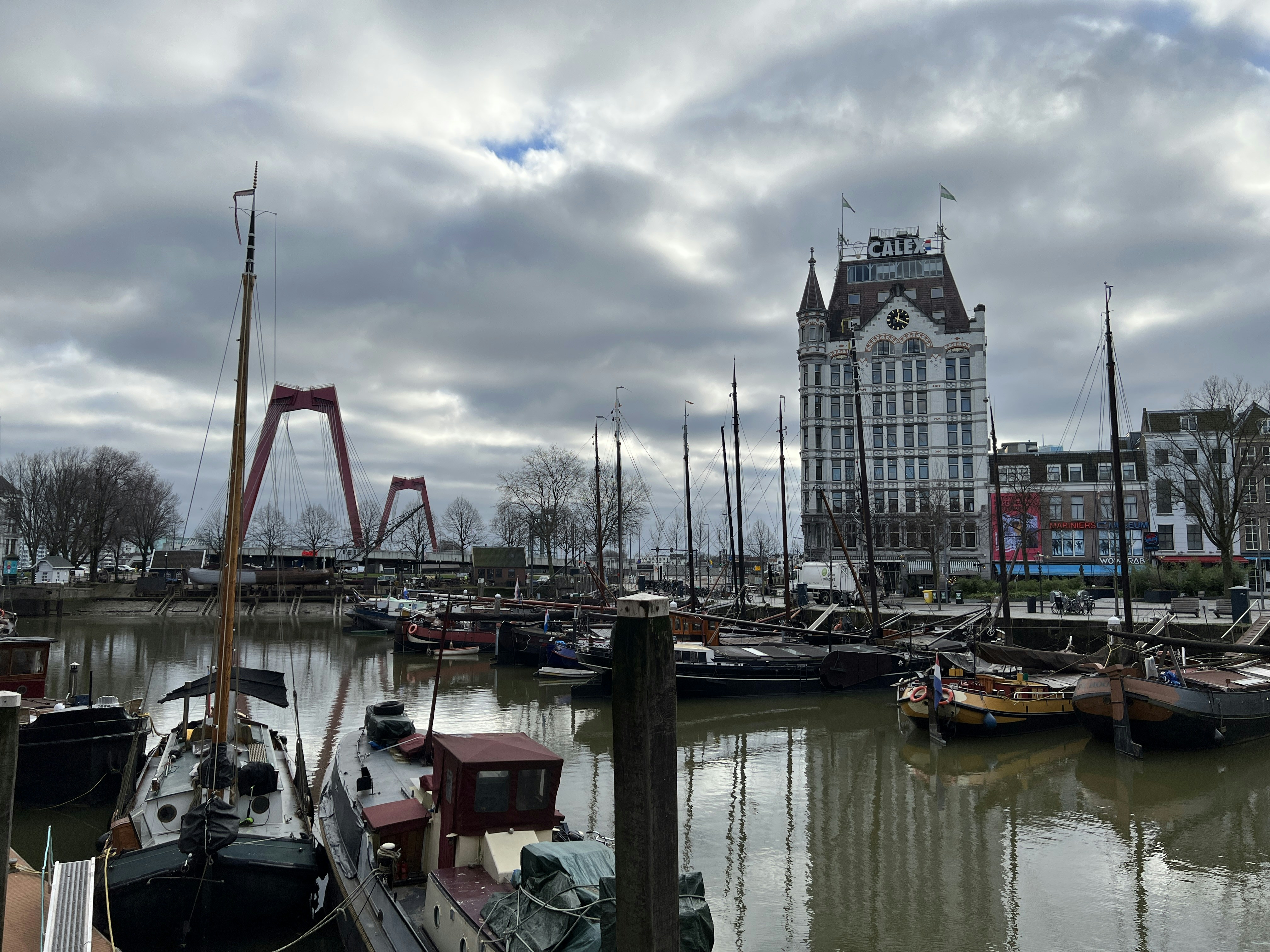 Serene harbour waters reflect the vibrant cityscape of Rotterdam's picturesque harbour, where a fleet of boats bob gently at their moorings. | Boats are docked in a harbor with buildings behind.