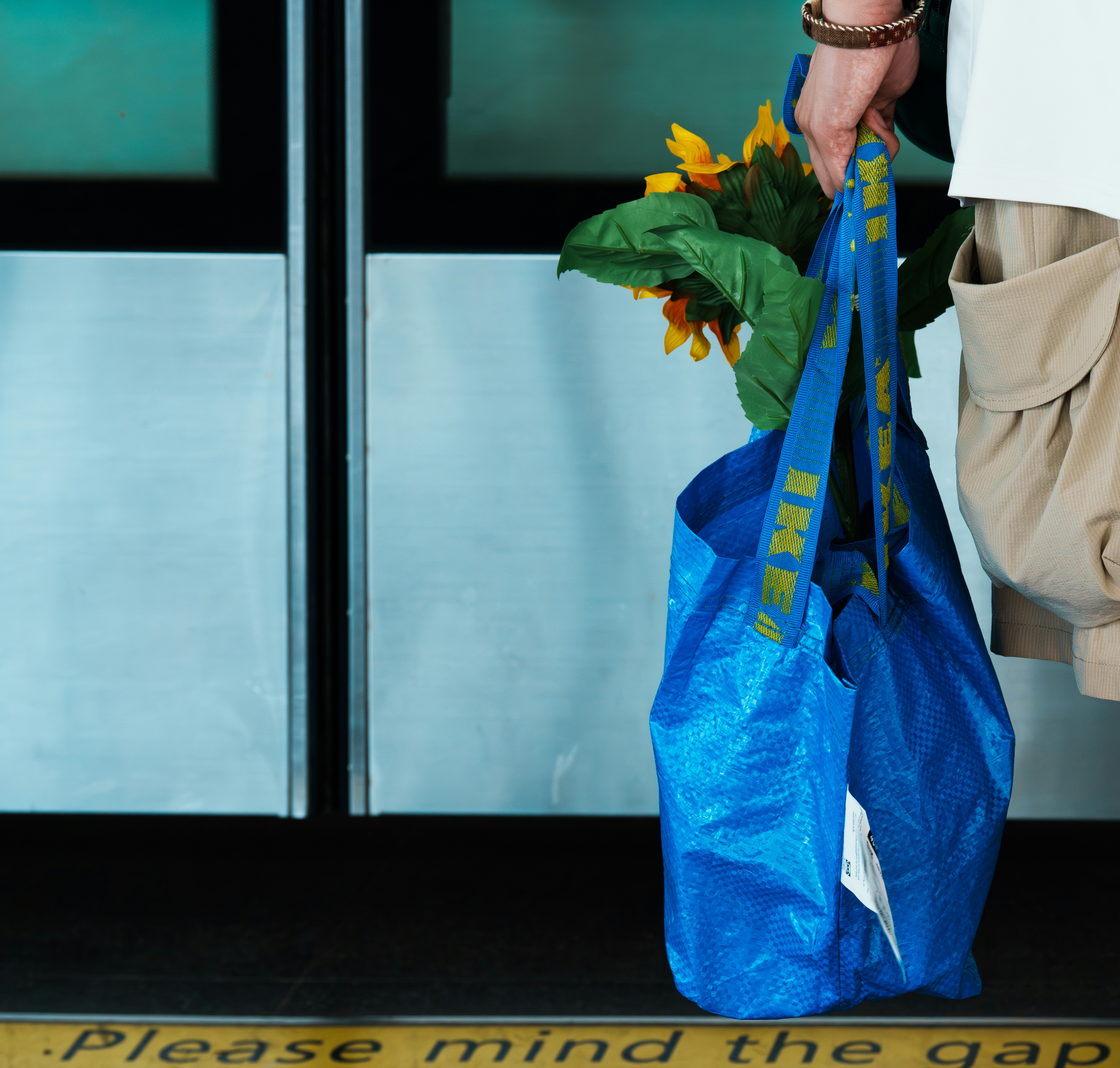 Person carries flowers in an ikea bag on a subway.