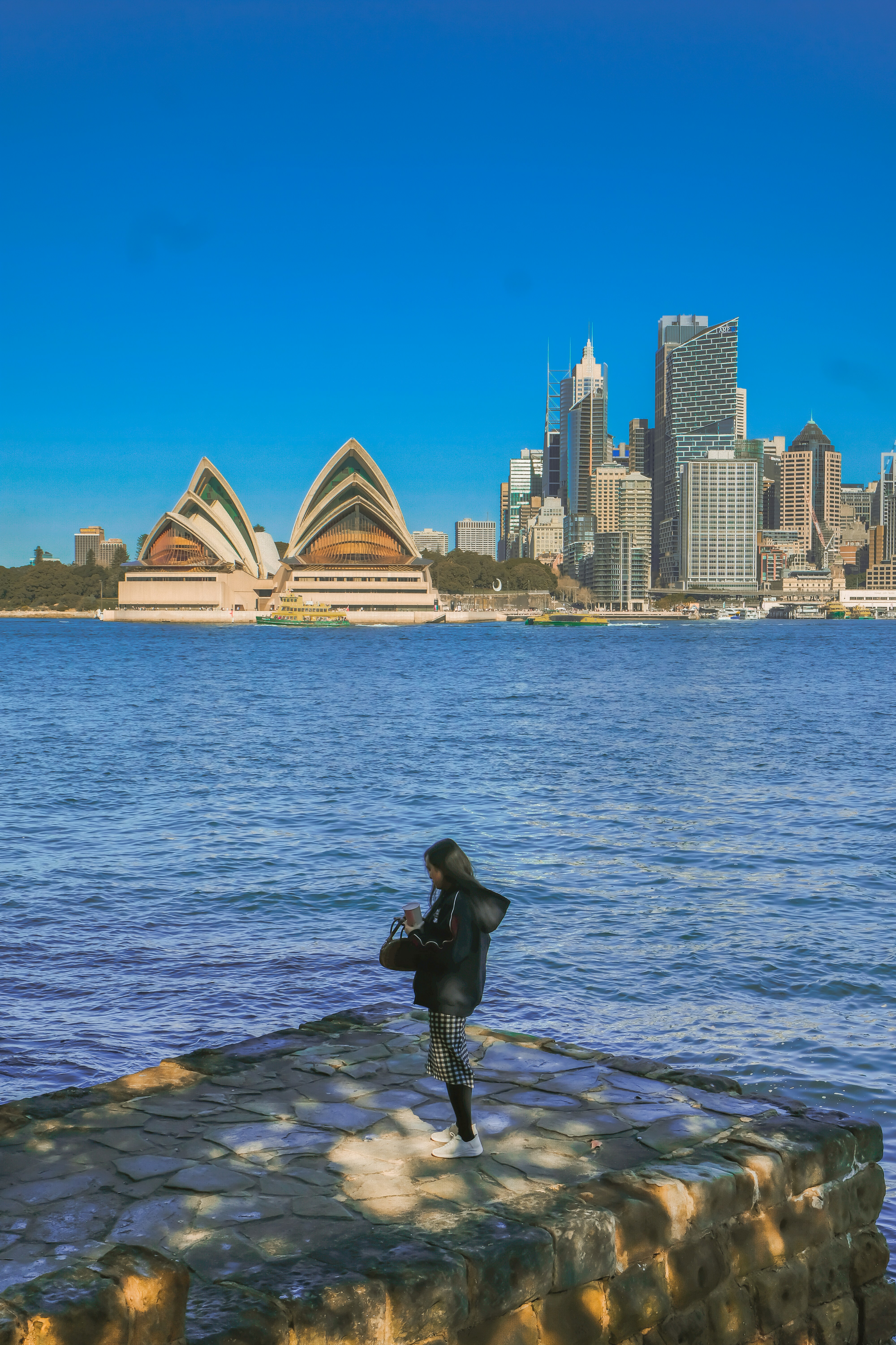 Sydney opera house and skyline from afar.