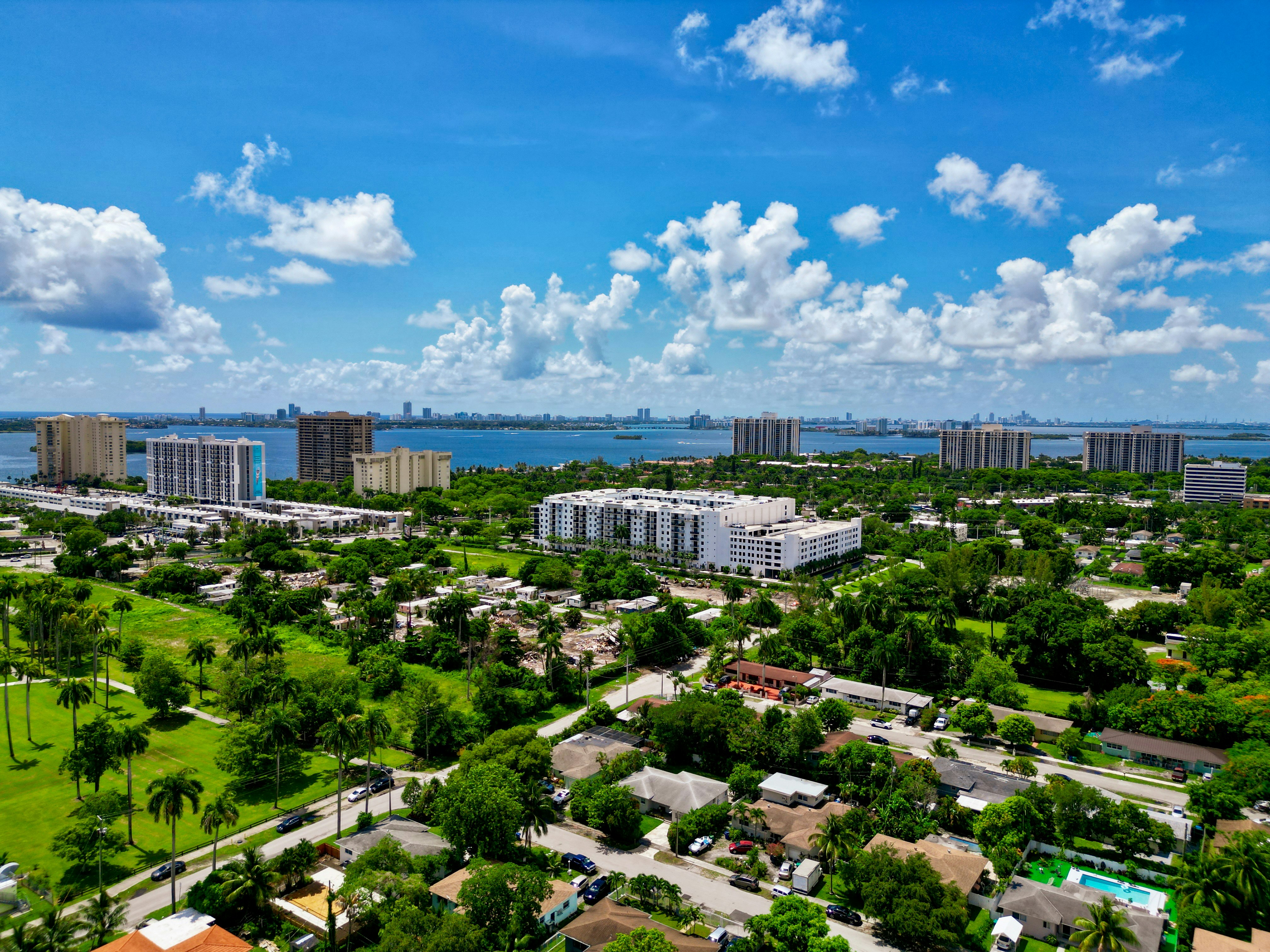 A scenic aerial view of a city with buildings.