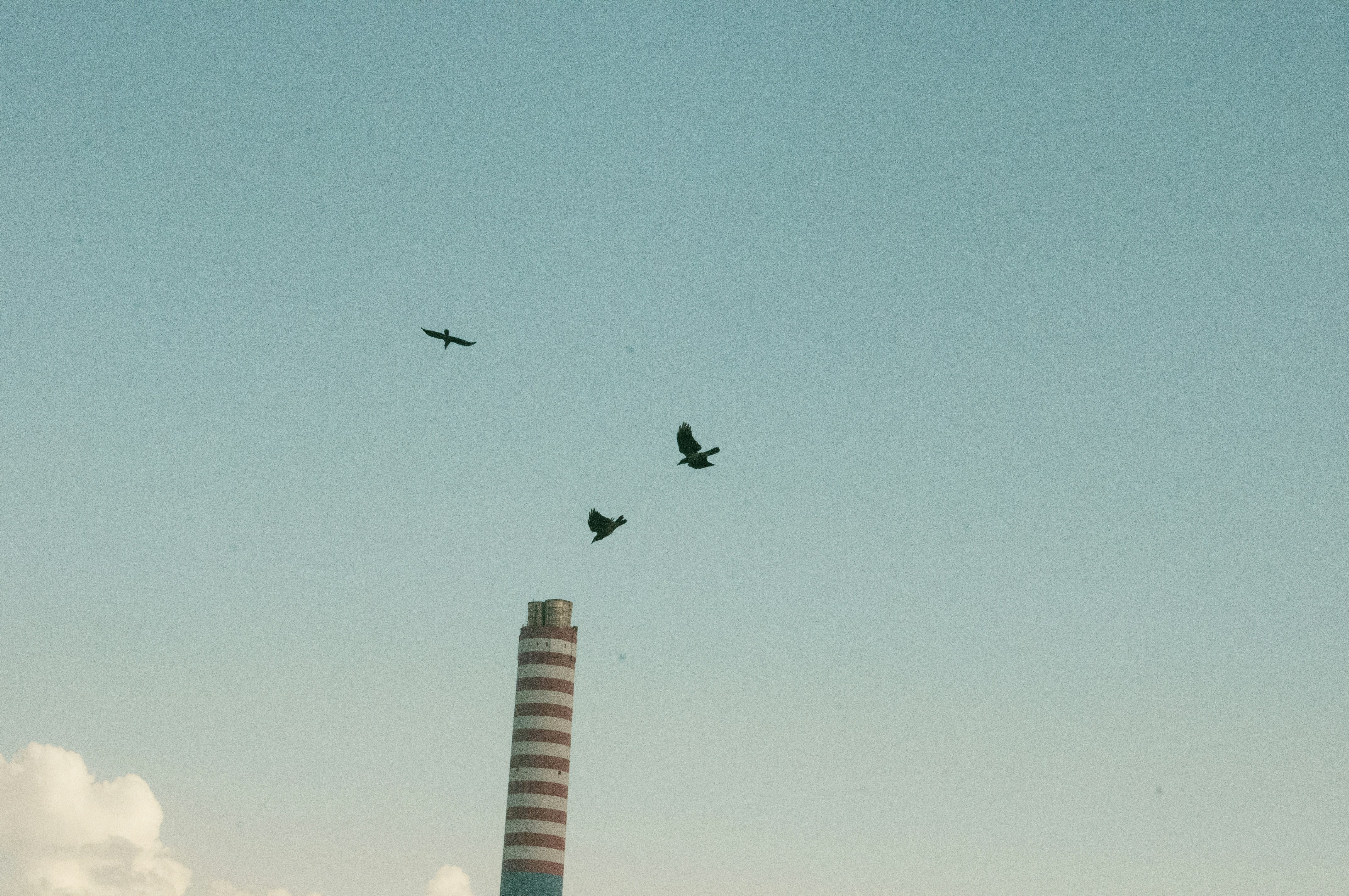 Three Silhouettes Over a Striped Chimney Beneath a Pale Sky