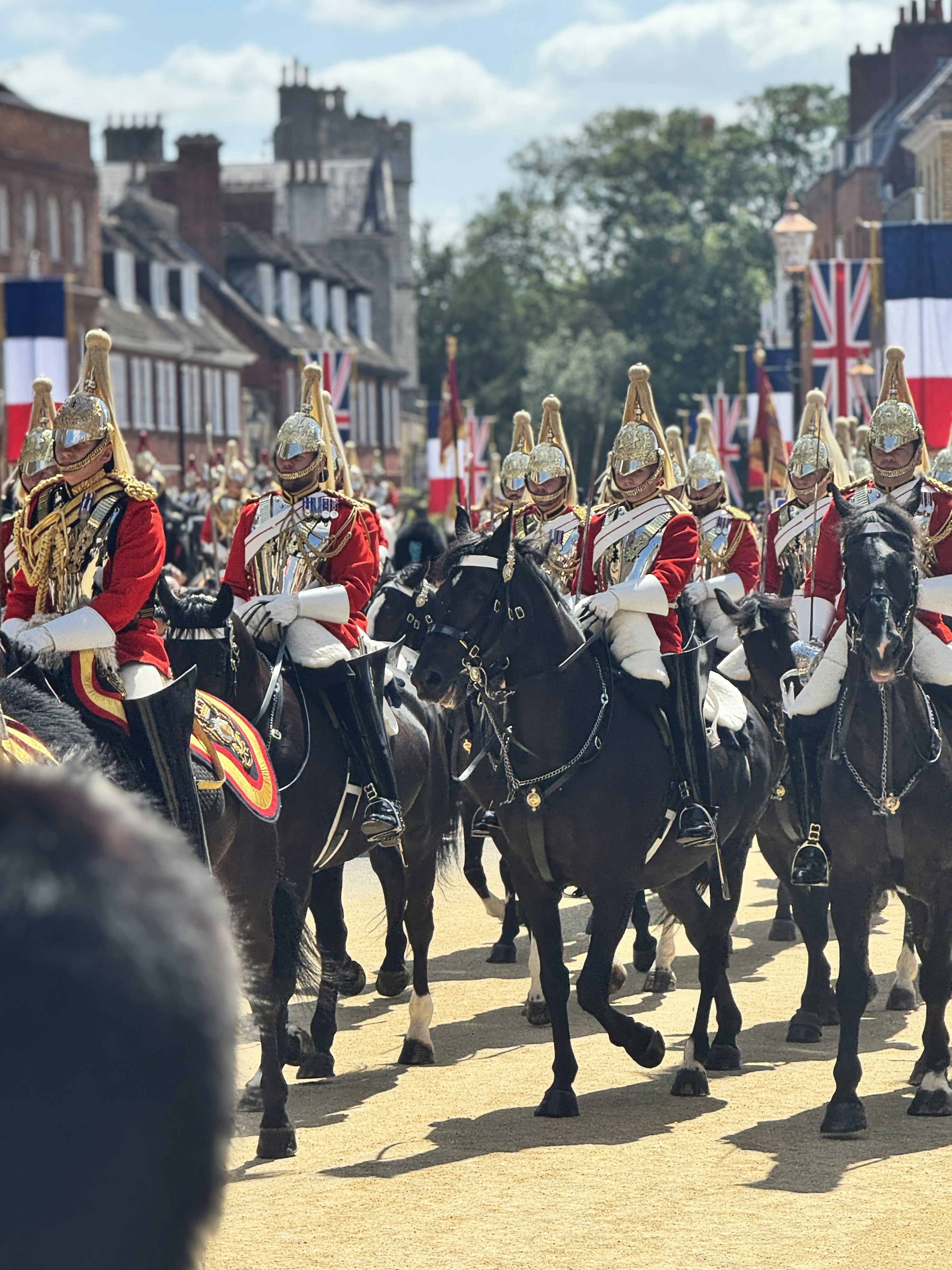 Golden-Helmet Cavalry Leads a Union Flag Street Parade