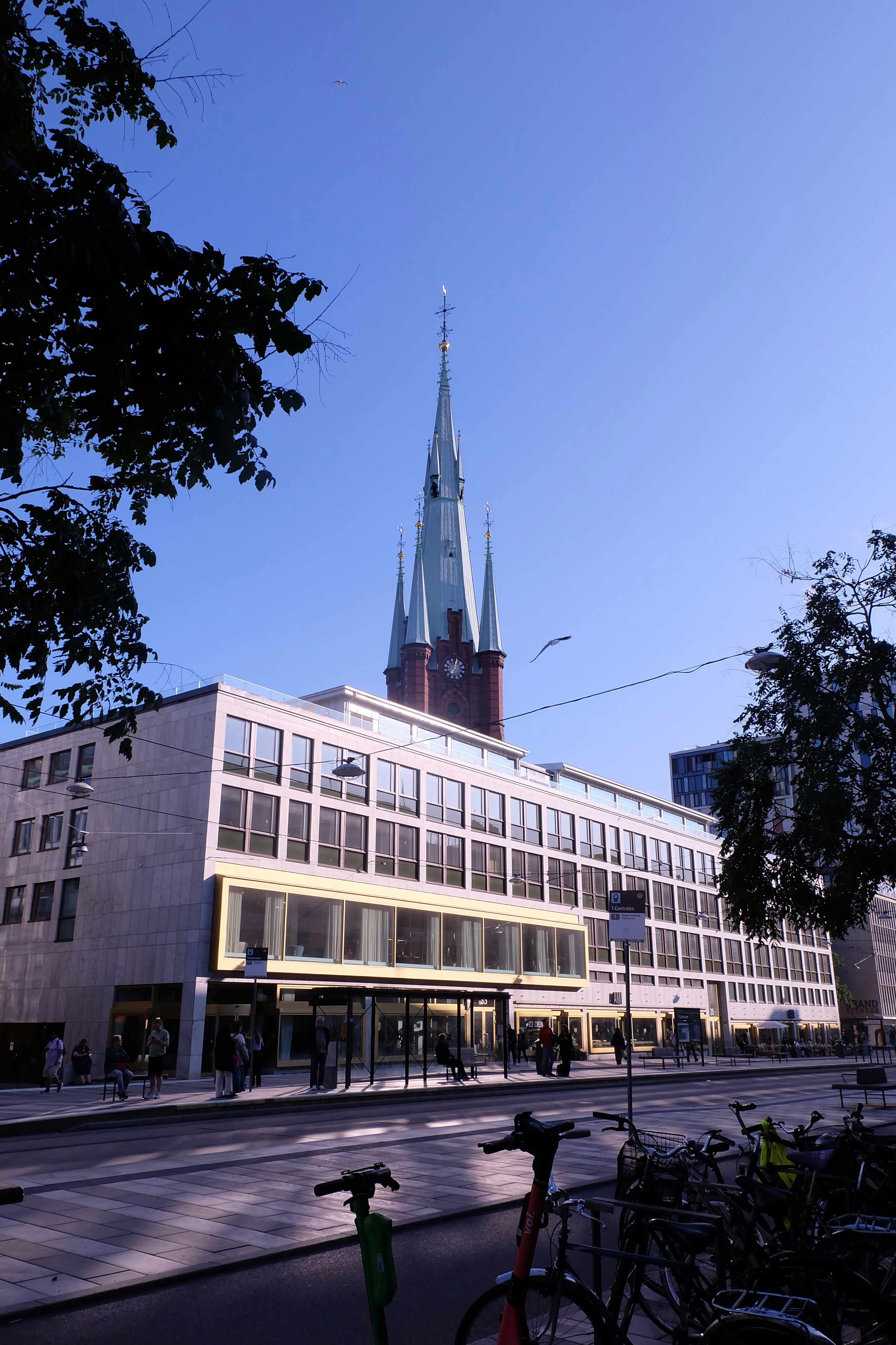 Historic church spire rising above contemporary architecture, framed by urban foliage and bicycles. A blend of old and new in the cityscape.
