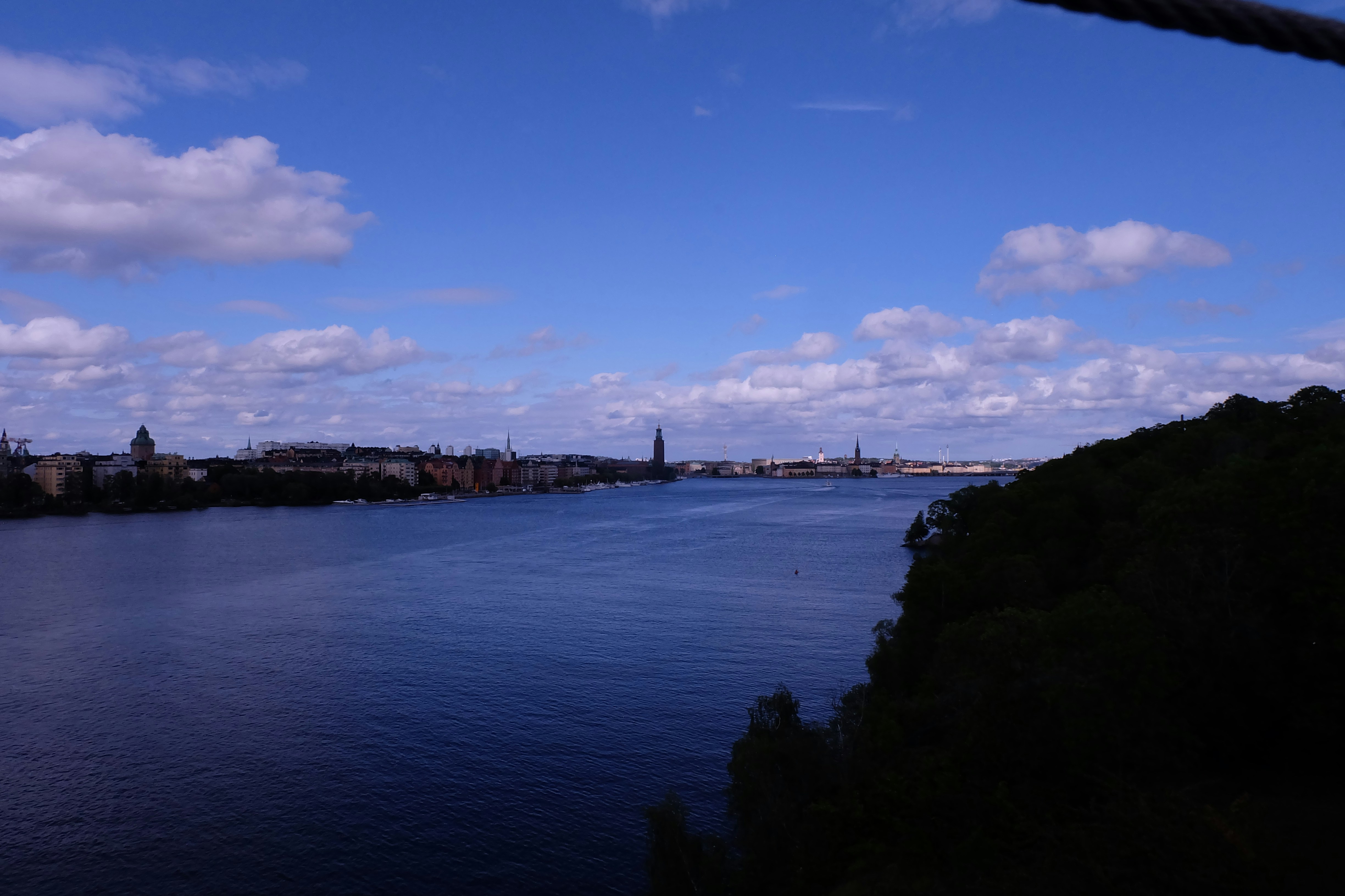 Blue river and skyline under a cloudy sky.