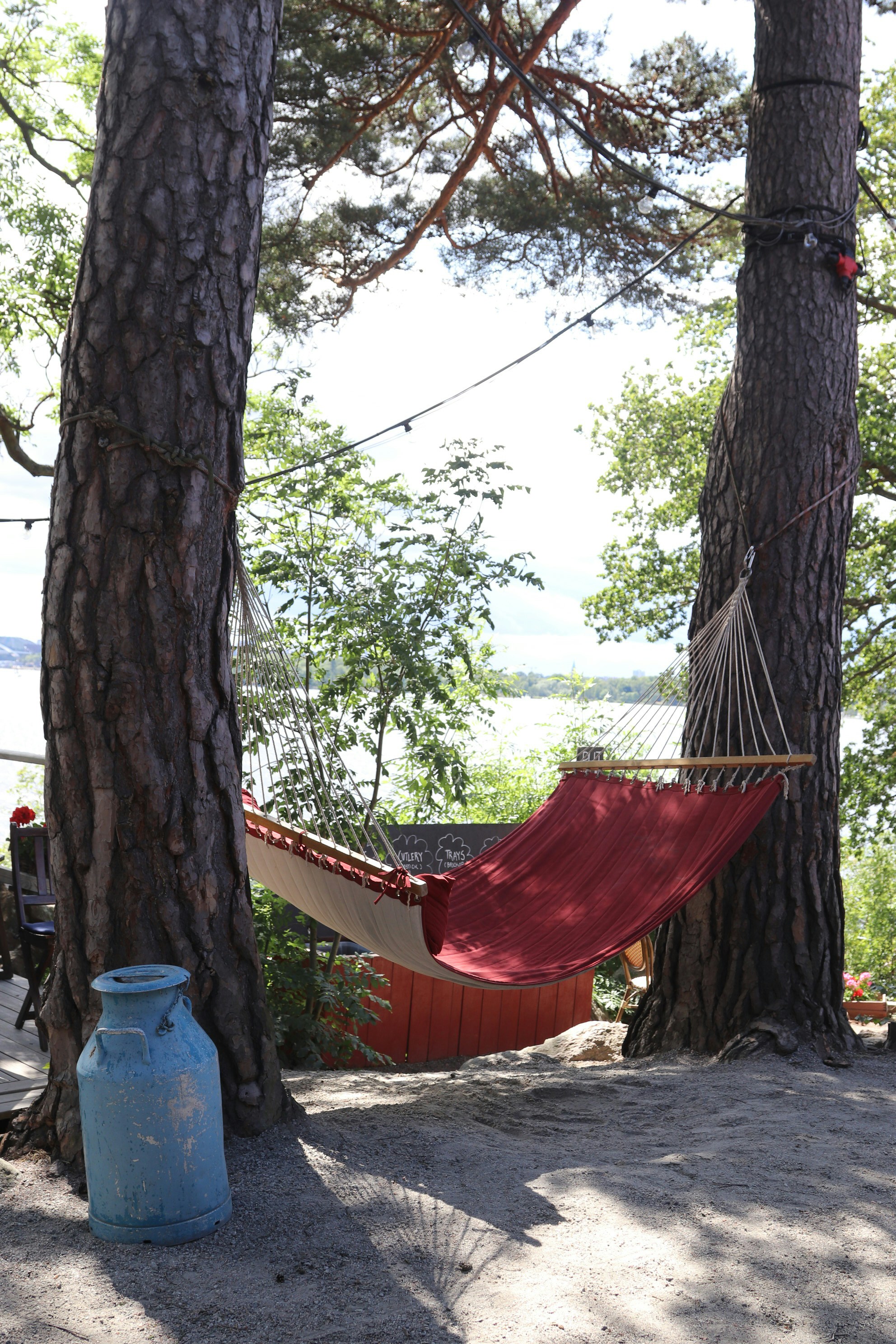 A red hammock swings between two trees outdoors.