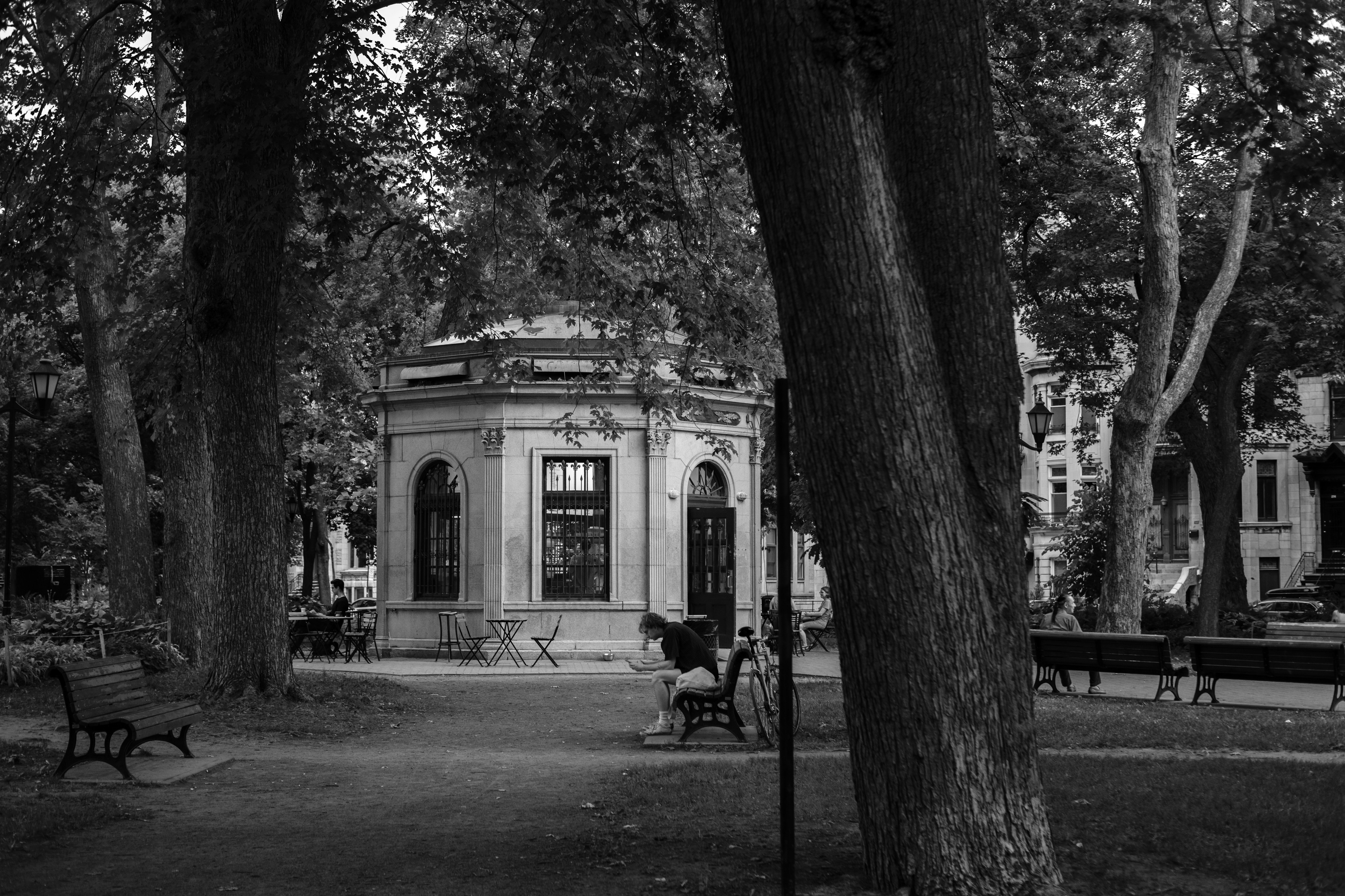 Historic pavilion surrounded by lush trees in a serene park setting, with a lone figure sitting on a bench. Black and white tones enhance the nostalgic atmosphere.