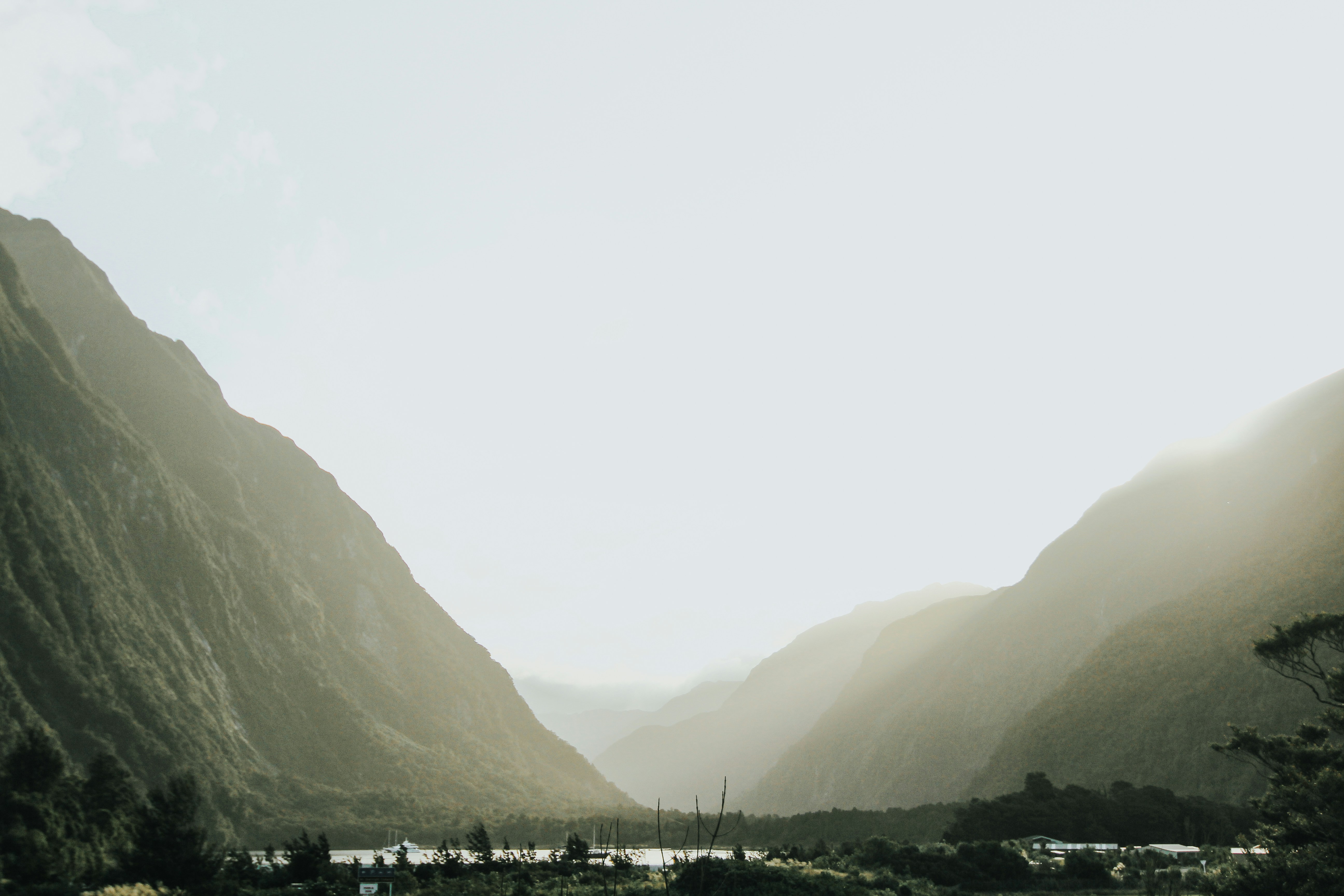 Mountains are bathed in the morning light.