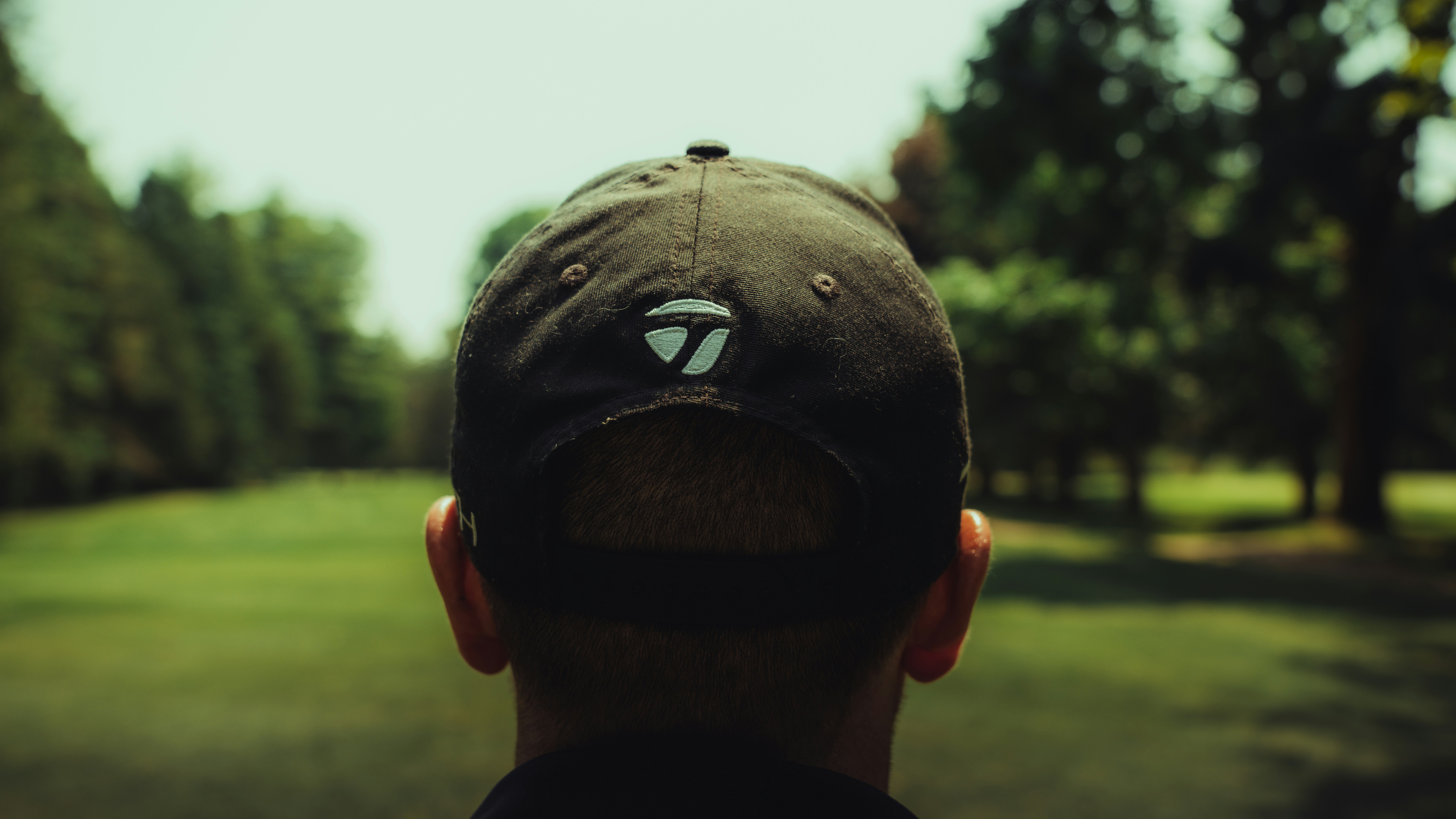 Golfer looking down the fairway at the golf course.