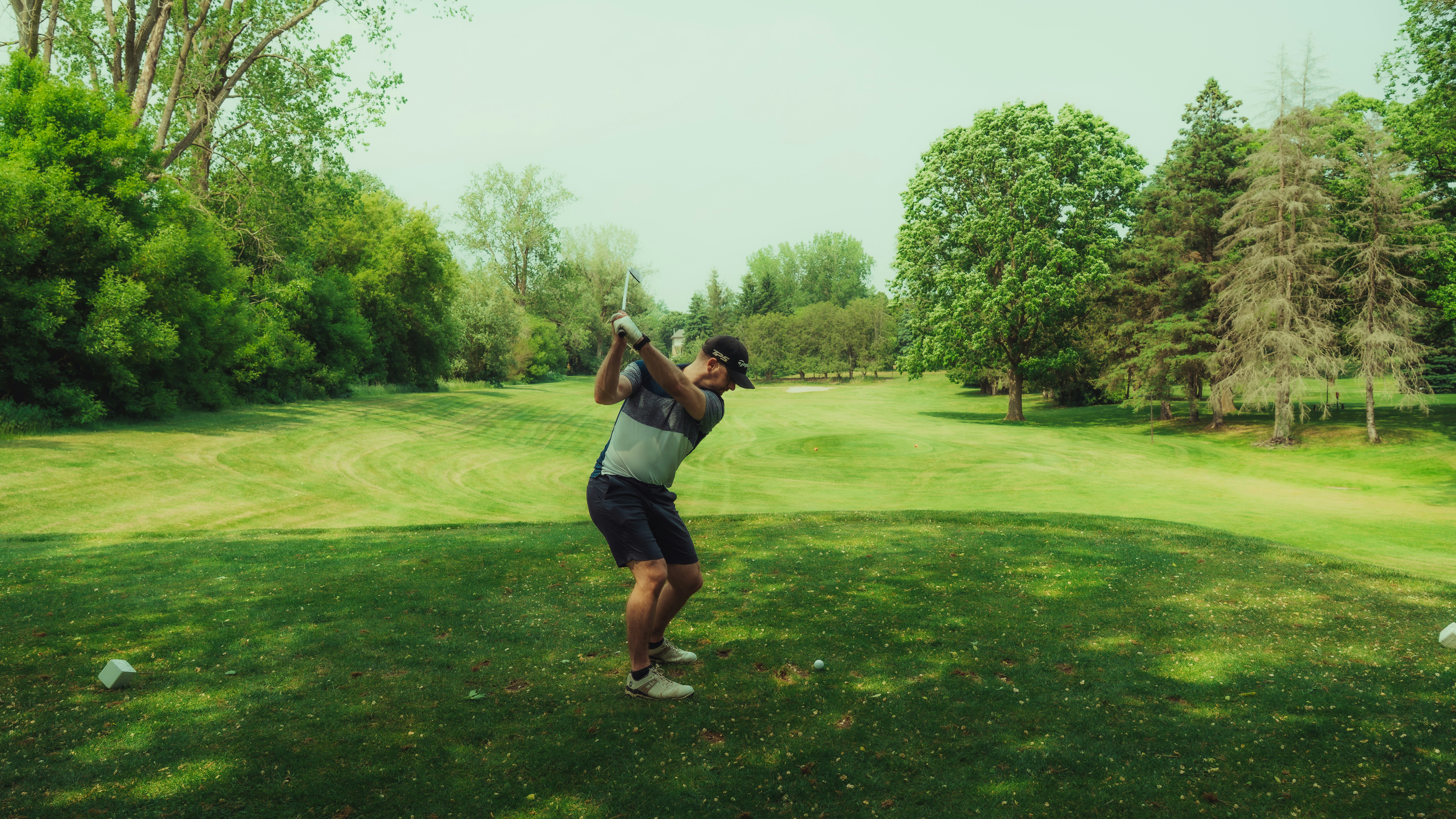 Golfer poised to swing on a lush green course, surrounded by trees under a clear sky.