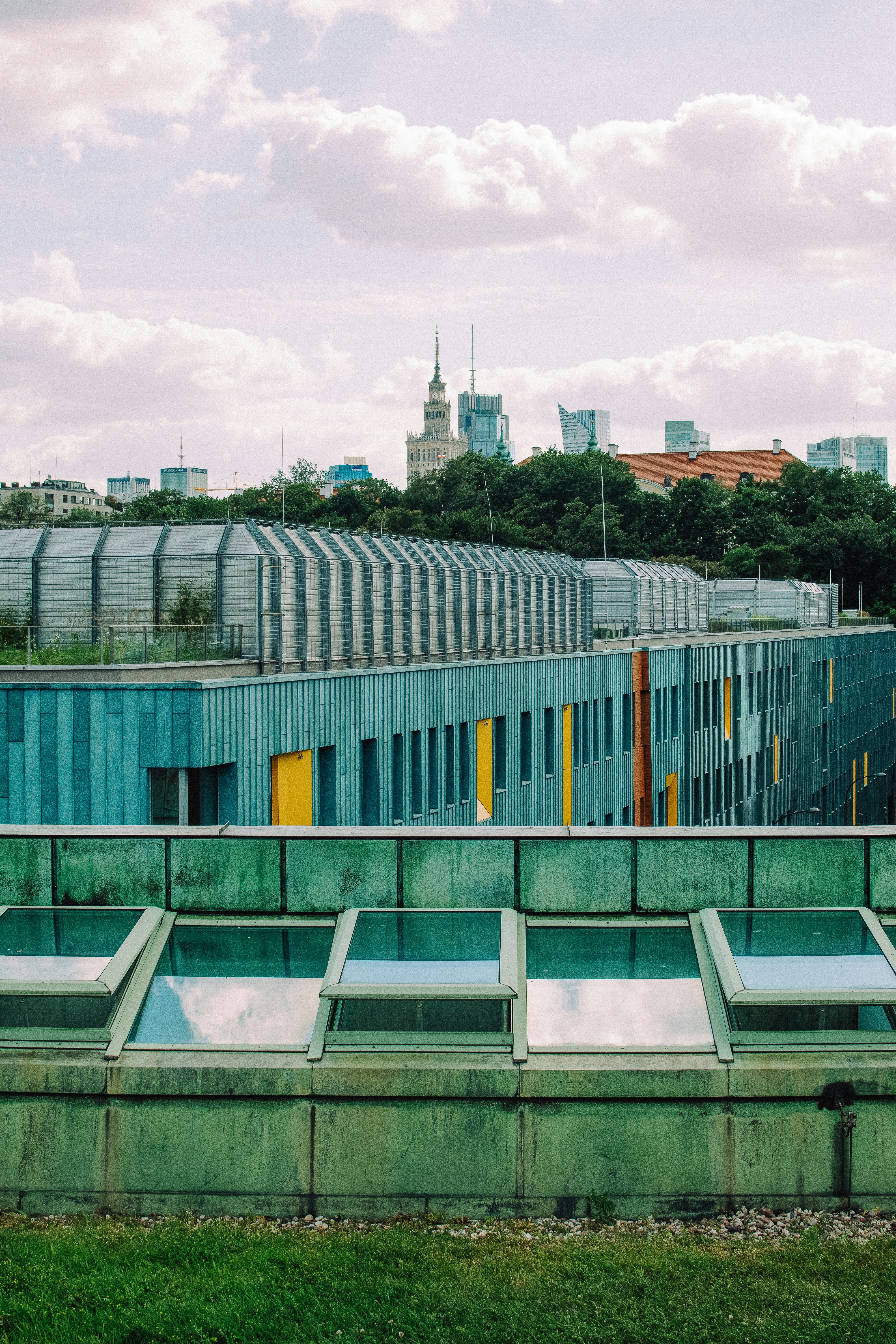 Verdant Roofscape: Glass Skylights and Colorful Facades Rise Over a Quiet City Horizon
