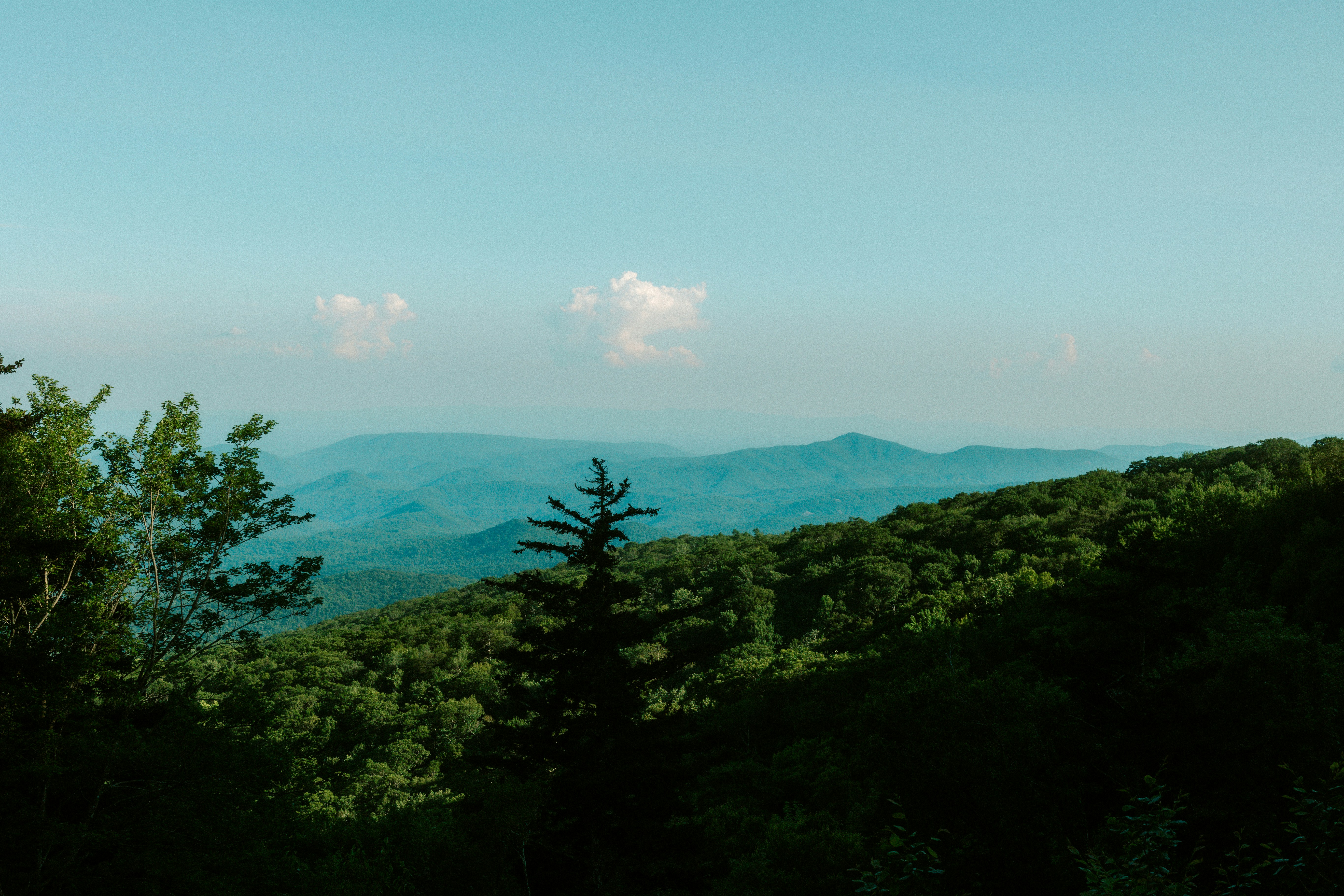 Expansive view of layered mountains under a clear sky, showcasing lush greenery and distant peaks. The scene embodies the serene beauty of the Blue Ridge Mountains.