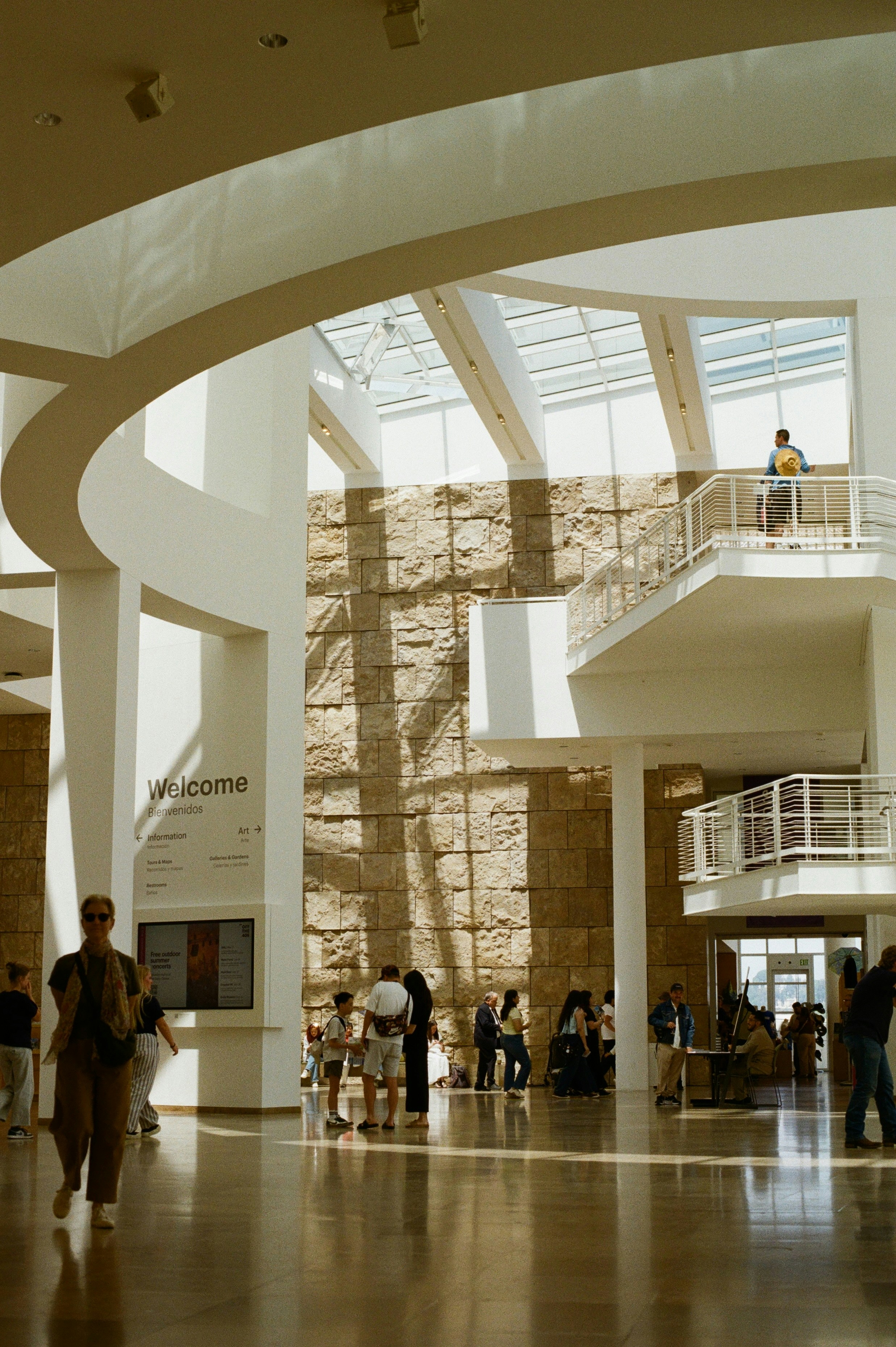 Getty Museum on Fuji 200 | A modern interior with natural stone walls.