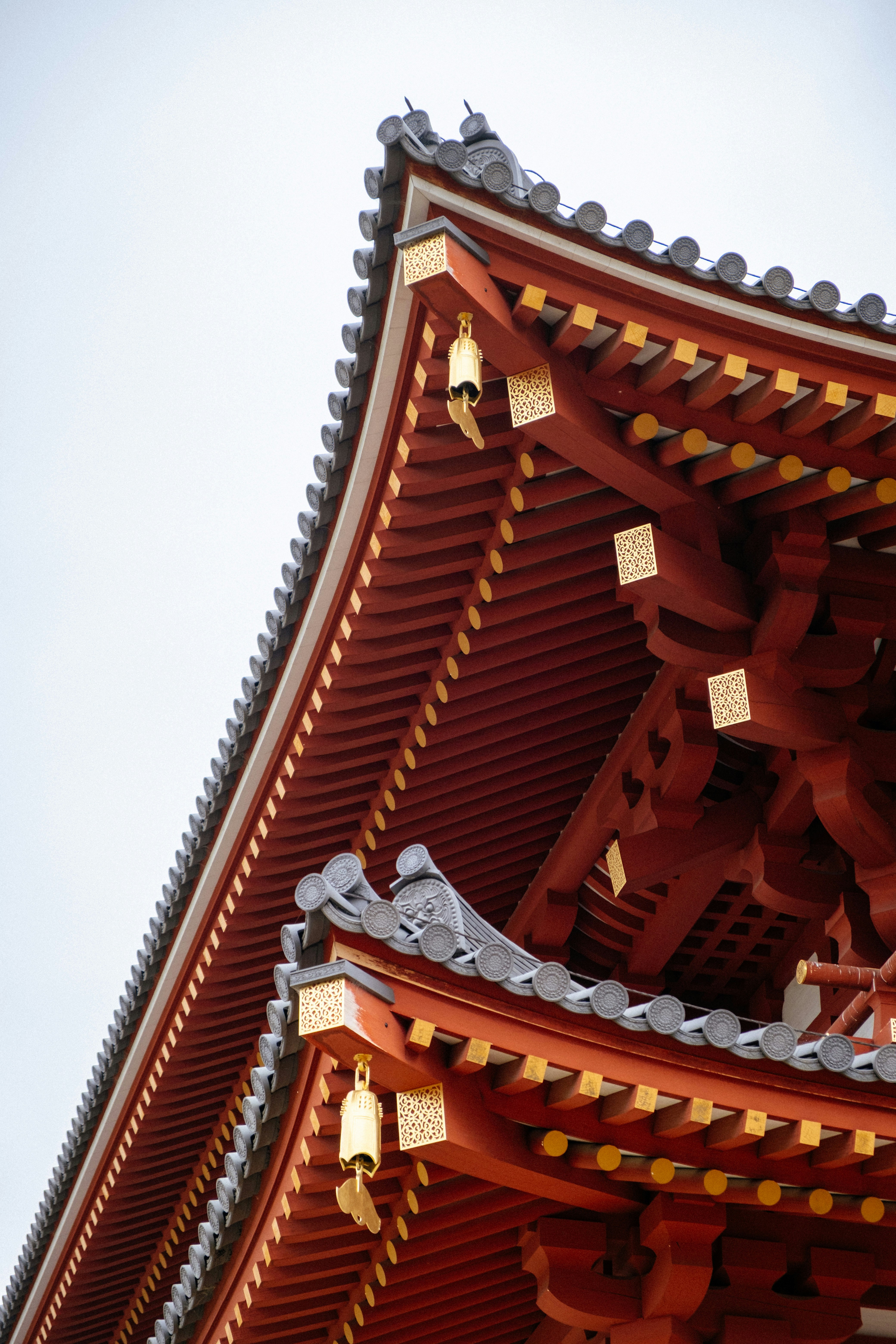Red, ornate roof of a japanese temple.