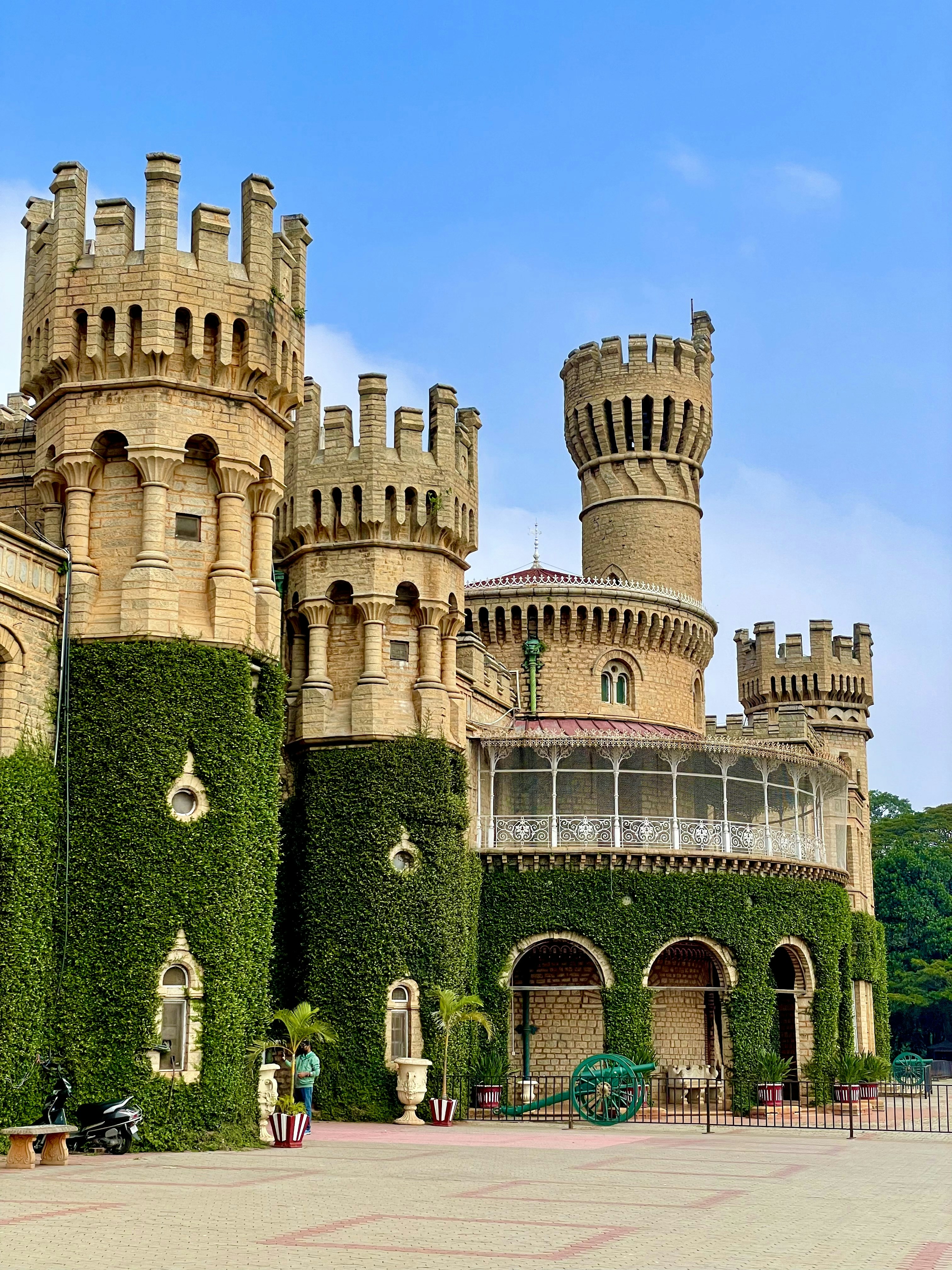 Historic castle adorned with lush greenery, showcasing intricate architectural details and a regal atmosphere.