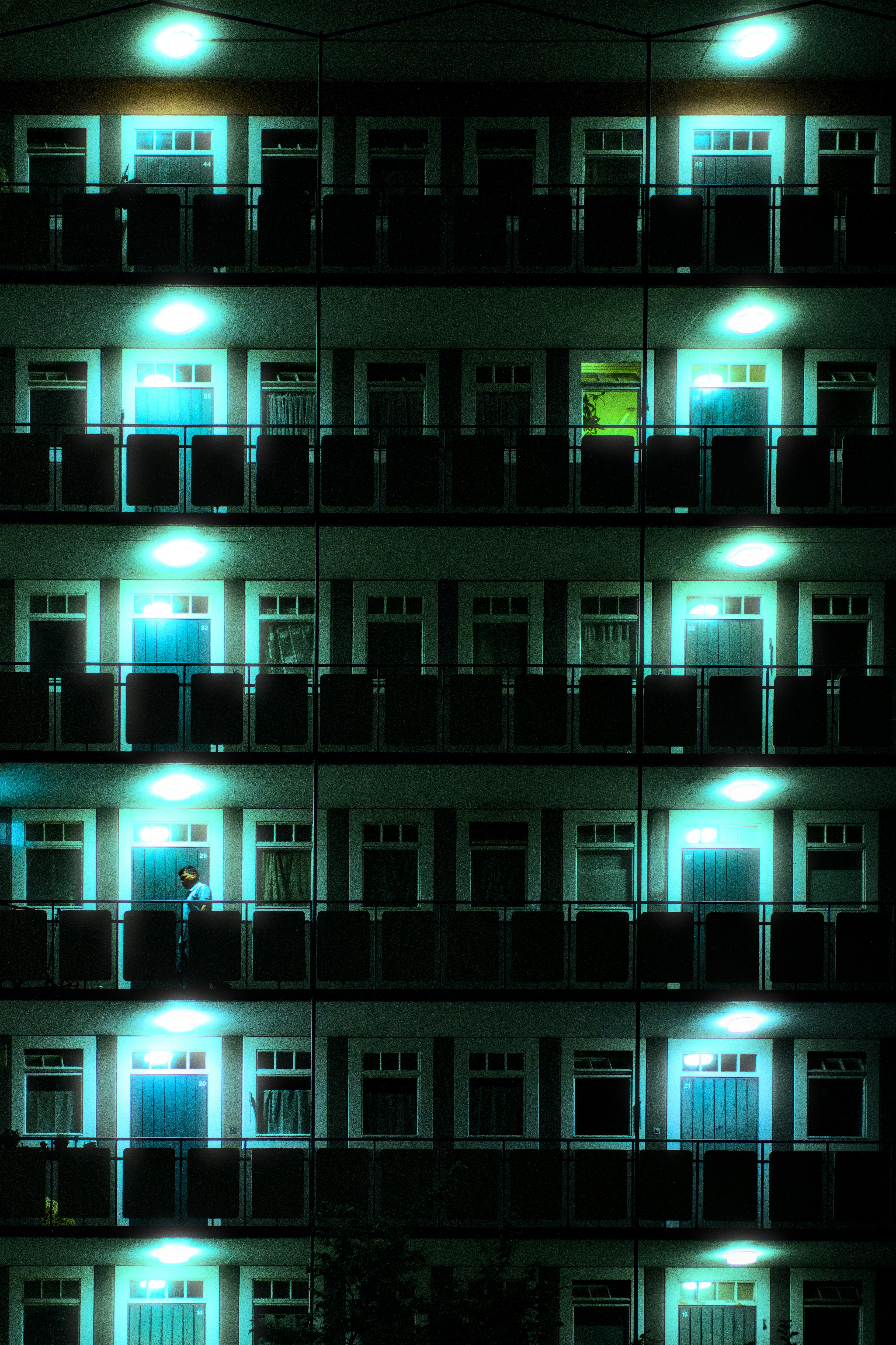 blue apartment facade