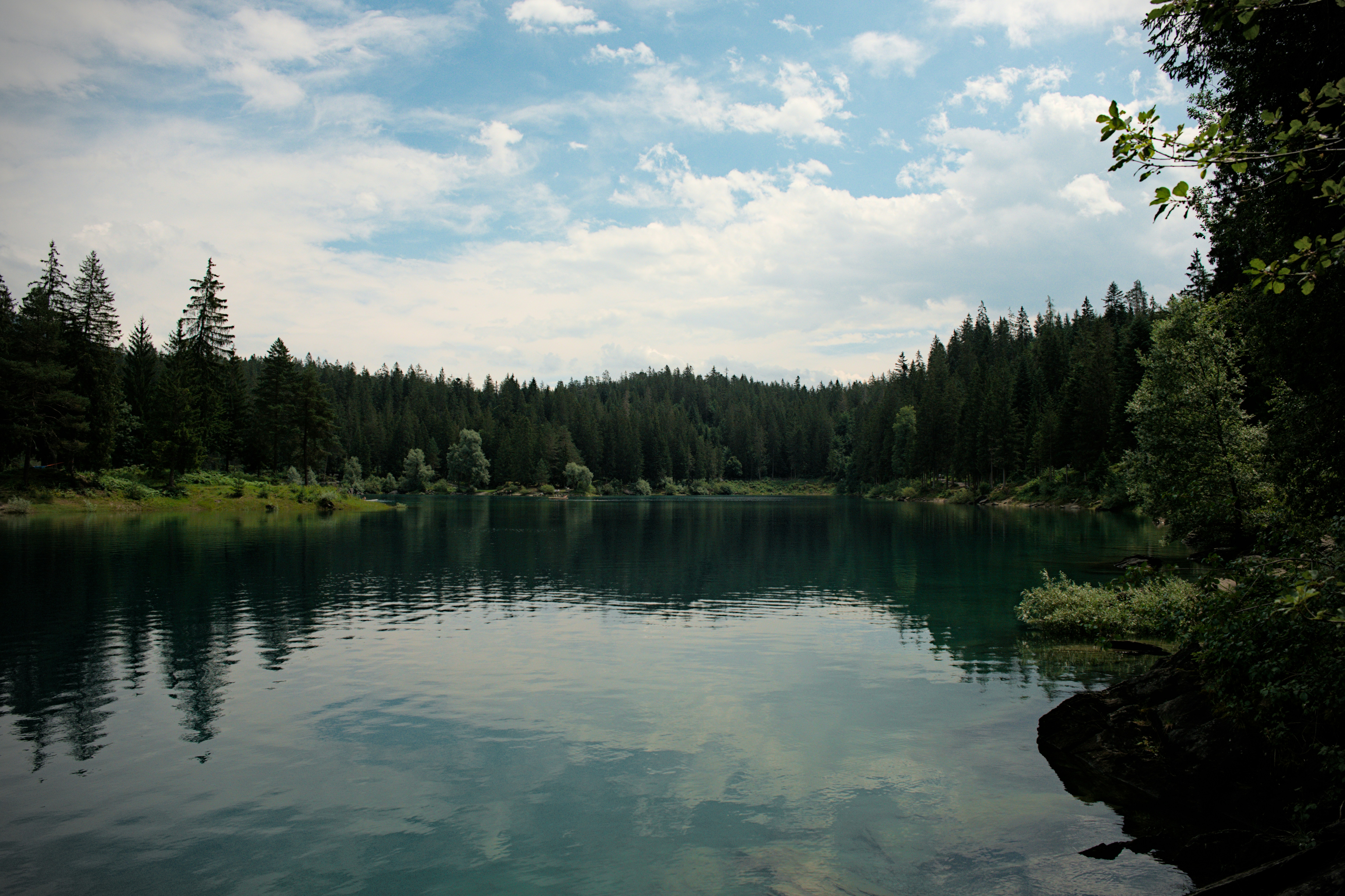 Calm lake surrounded by lush greenery and towering trees under a partly cloudy sky. The water's surface mirrors the landscape beautifully.
