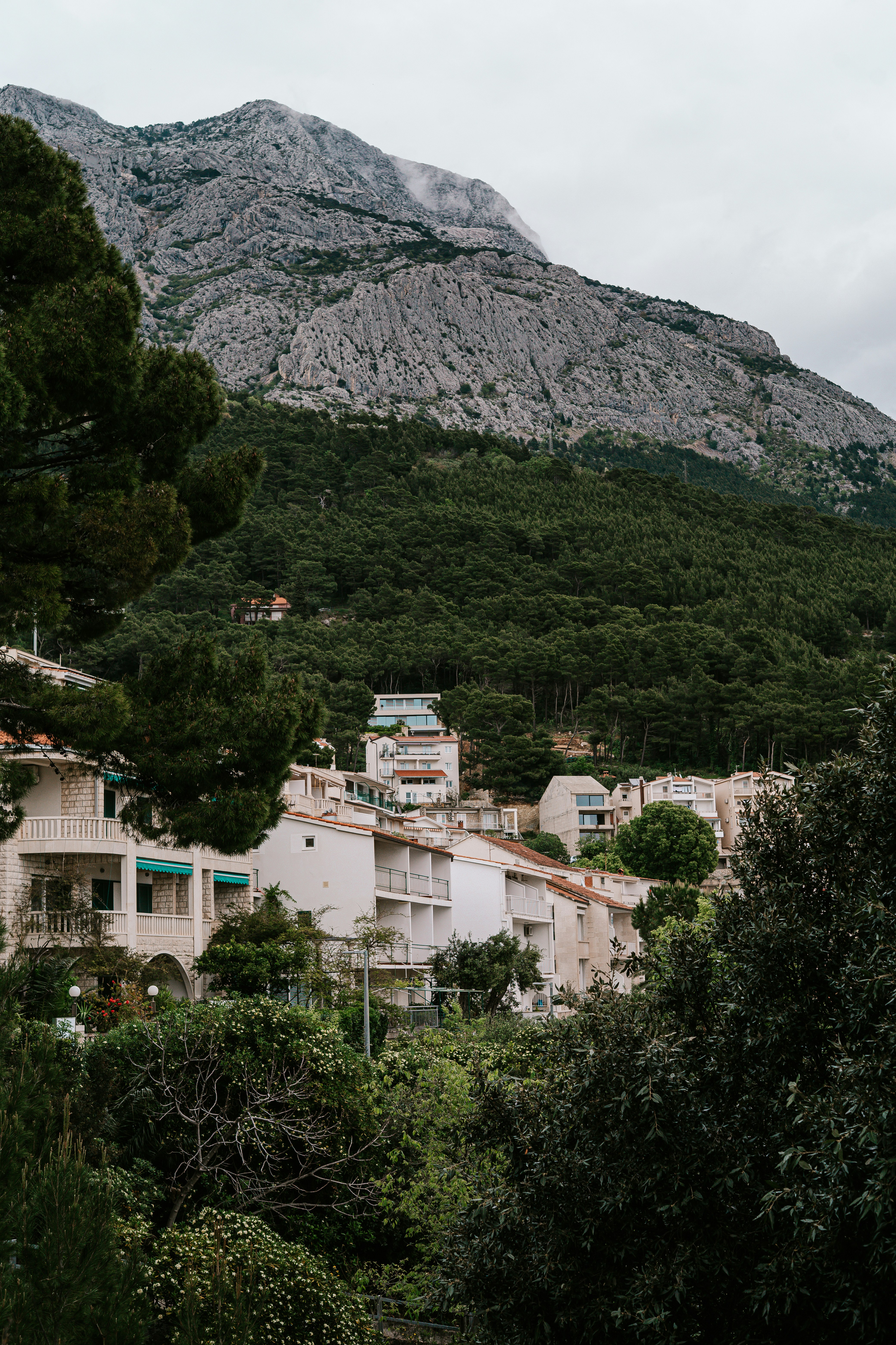 Houses nestled in a valley near a mountain.