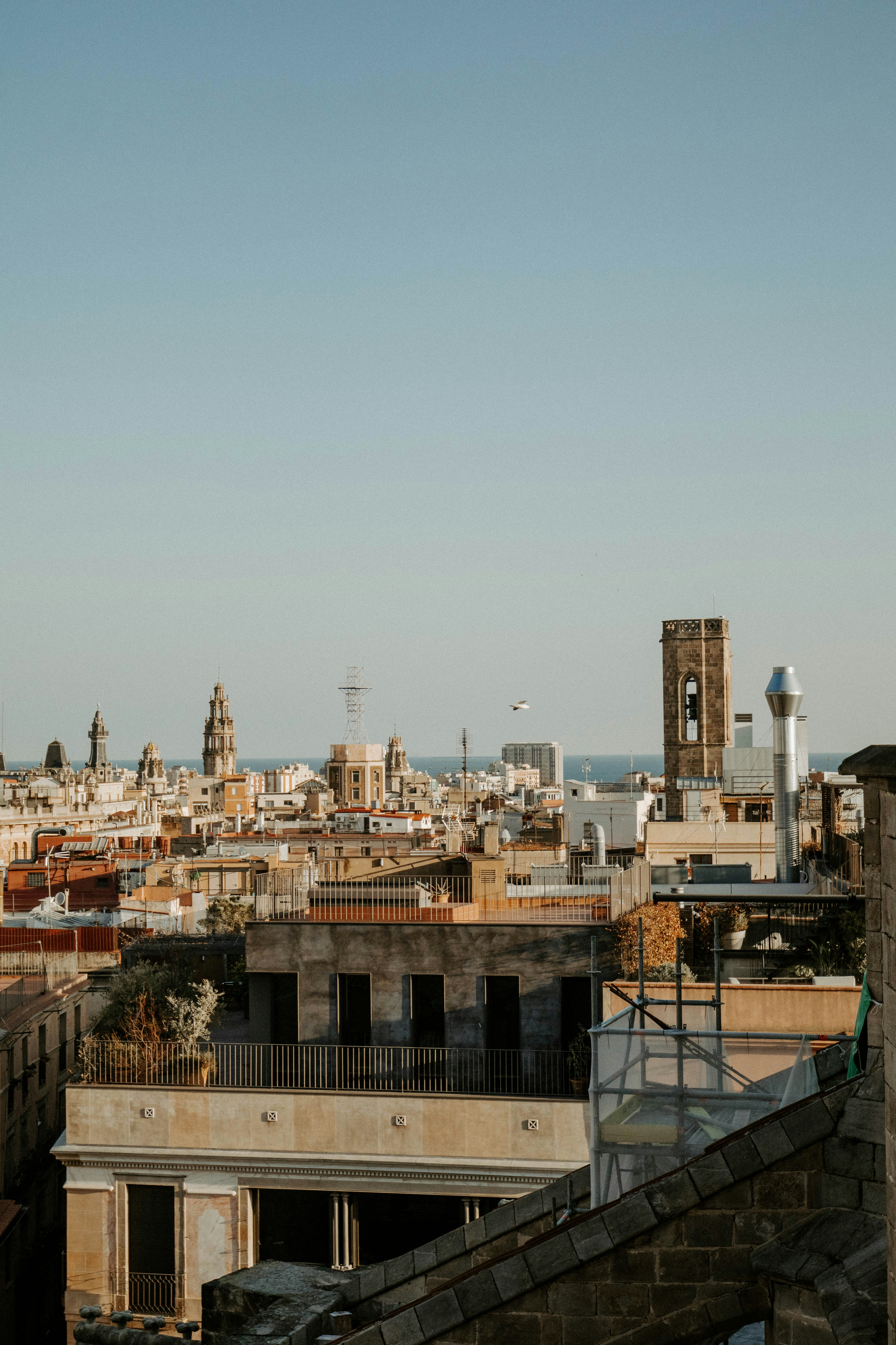 City rooftops are seen under a cloudless blue sky.