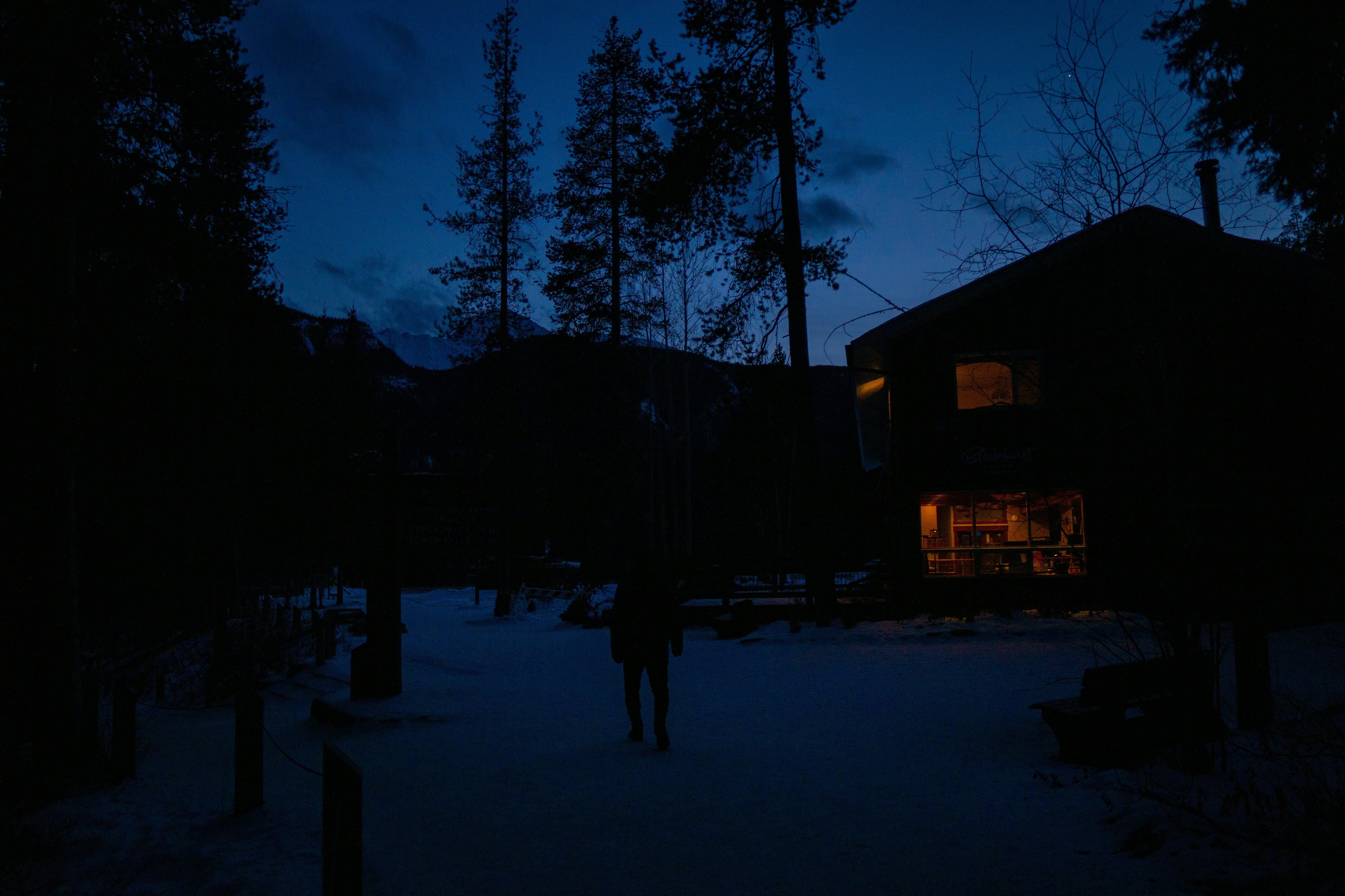 Winter forest at night | A dark house stands amidst a snowy landscape.