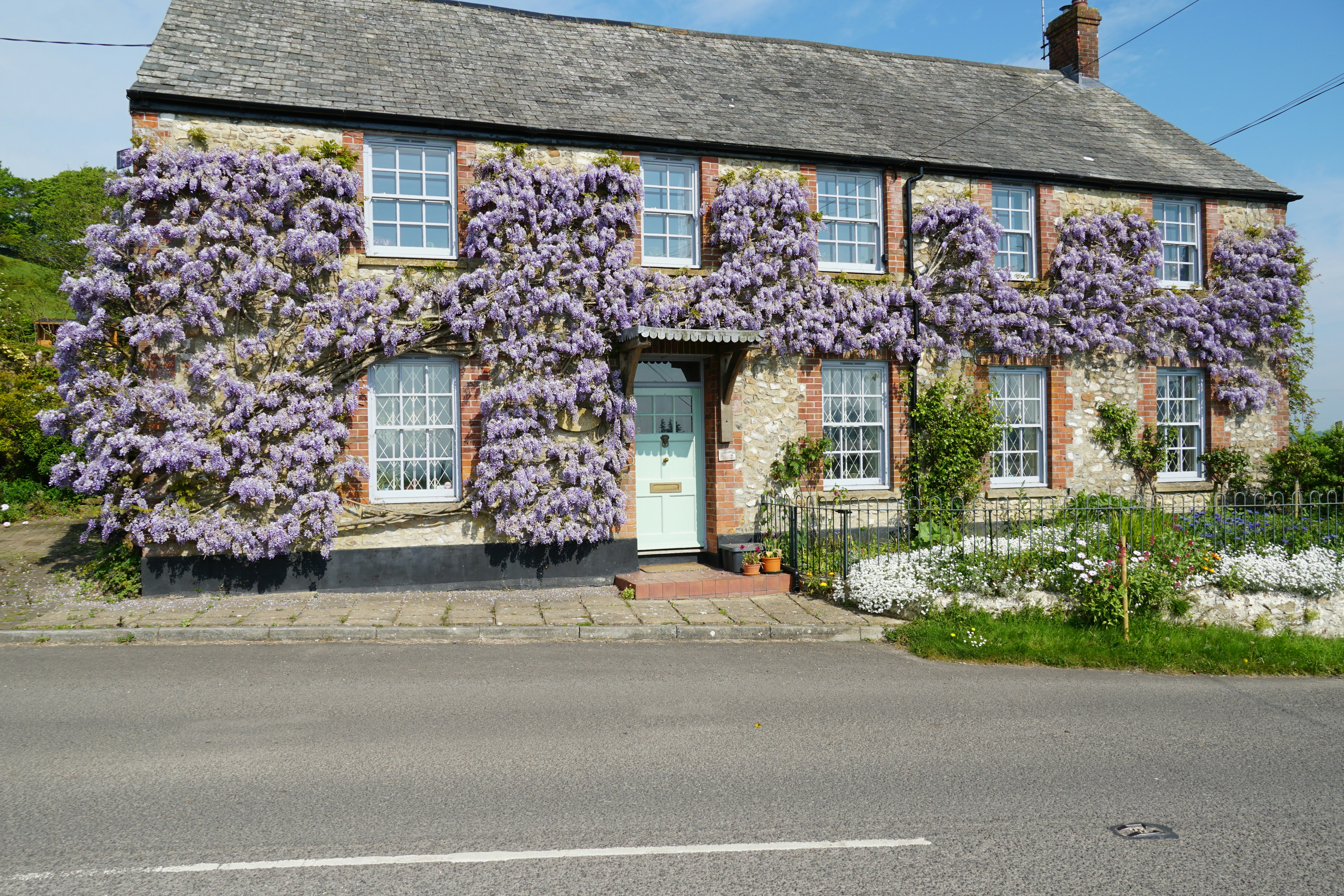 Charming cottage adorned with vibrant wisteria blooms, showcasing a picturesque facade surrounded by lush greenery and a well-kept garden.