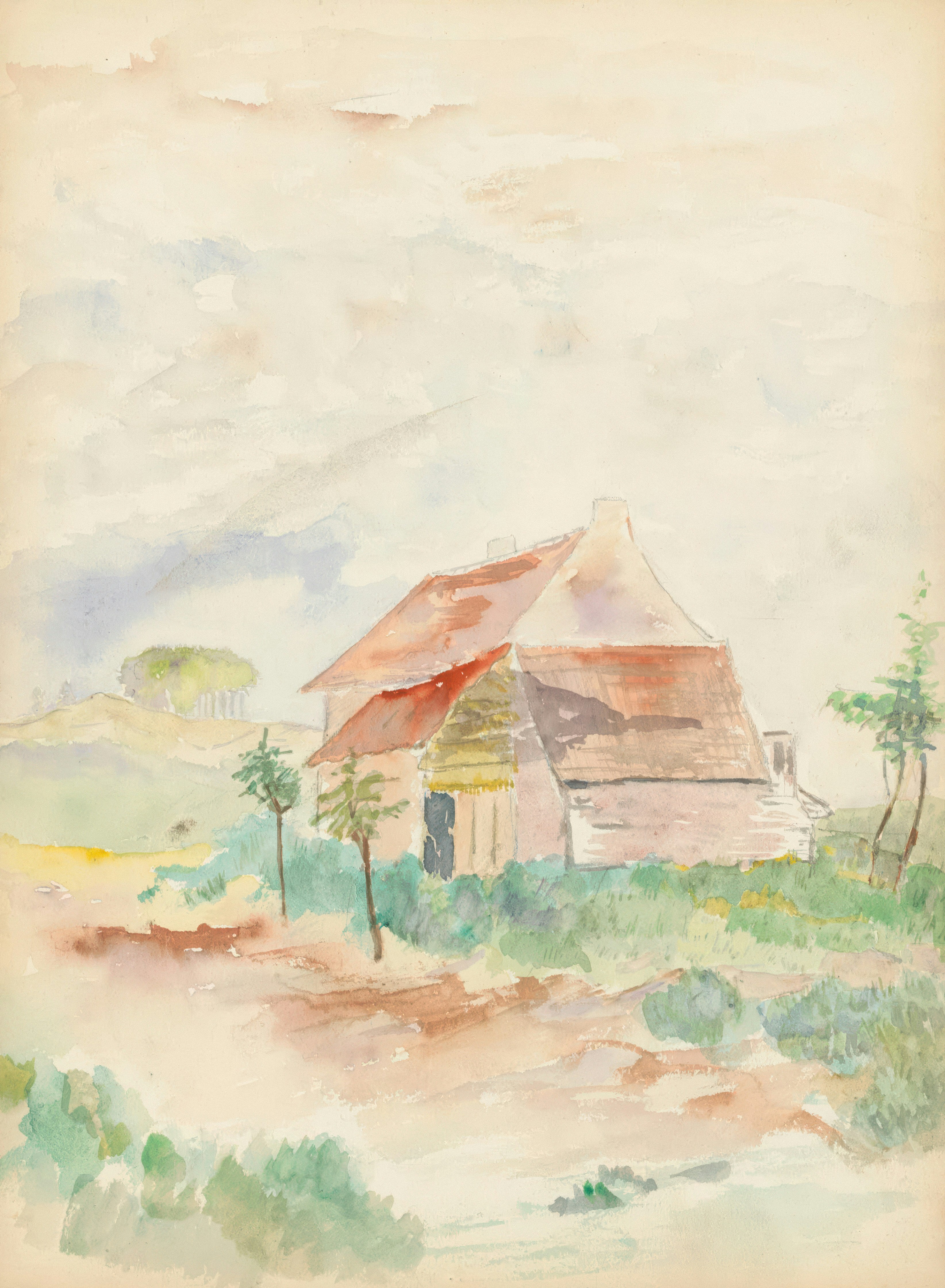 Watercolor illustration of a rustic farmhouse with a red roof, surrounded by gentle hills and sparse trees, evoking a serene rural landscape.