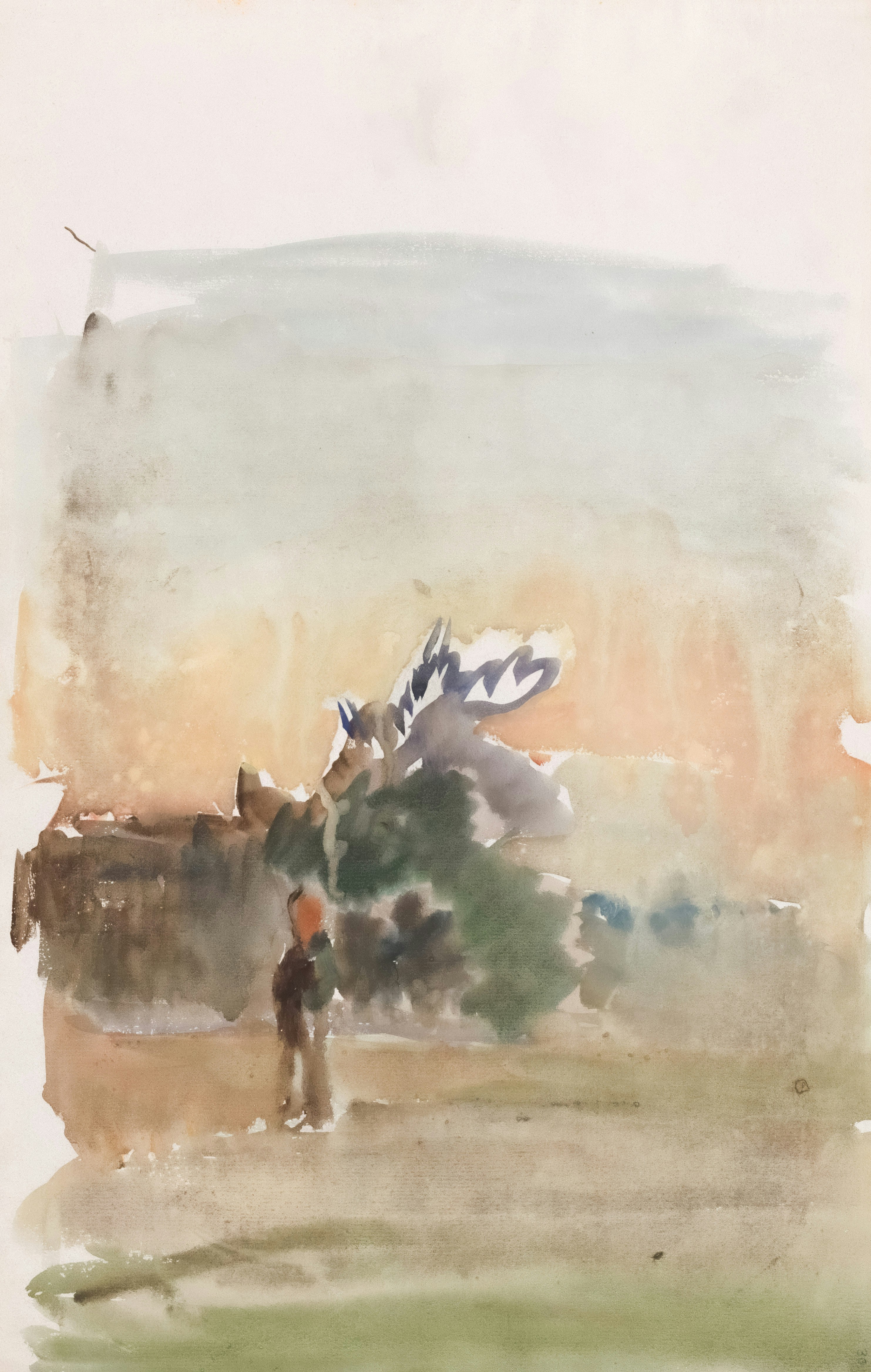 A watercolor illustration depicting a solitary figure against a softly blurred landscape at sunset, evoking a sense of tranquility and reflection.