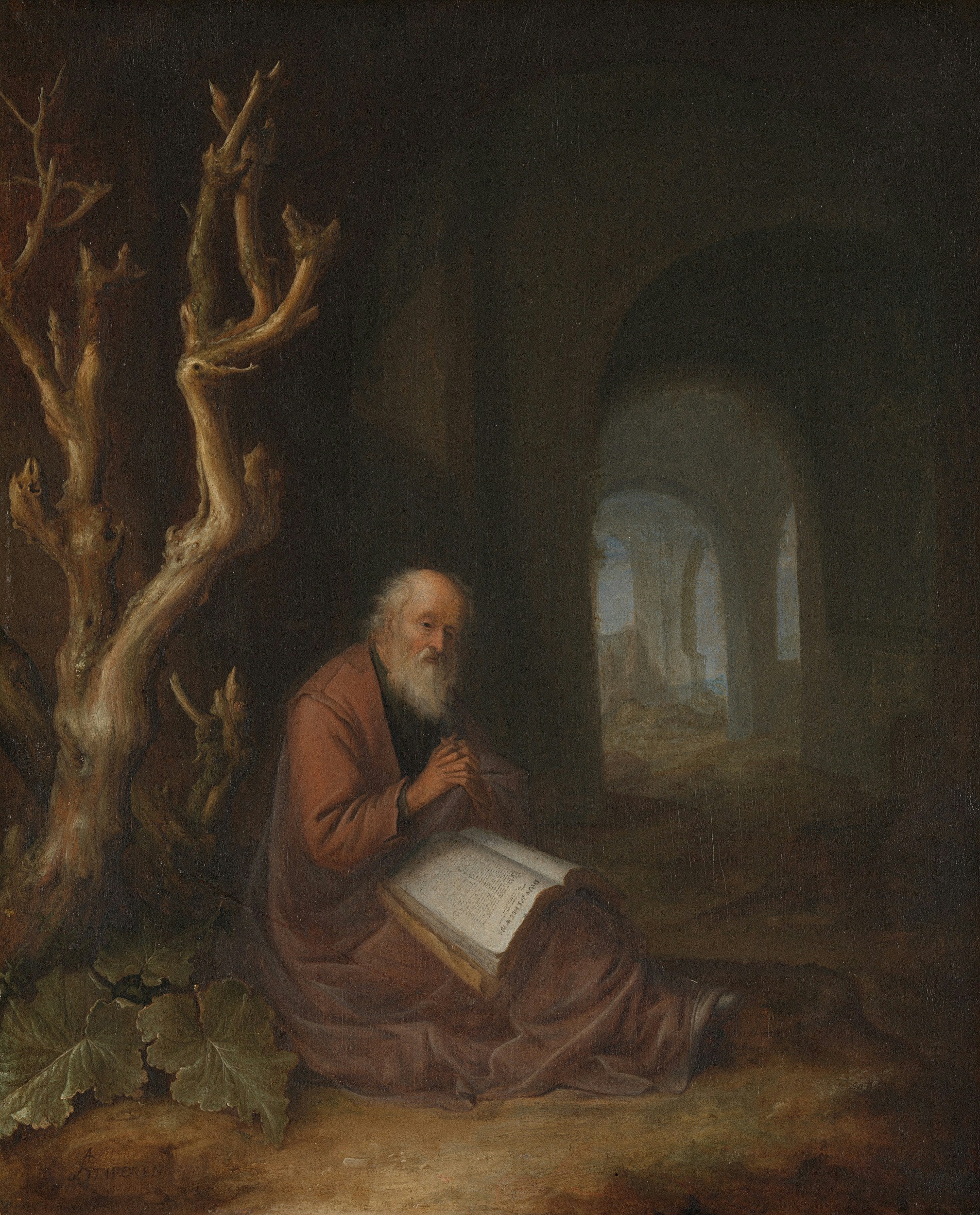 Title: A Hermit Praying in a Ruin Publisher: Rijksmuseum Date: 1650 - 1668 Providing institution: Rijksmuseum Aggregator: Rijksmuseum Providing Country: Netherlands Public Domain A Hermit Praying in a Ruin - Rijksmuseum, Netherlands - Public Domain.
