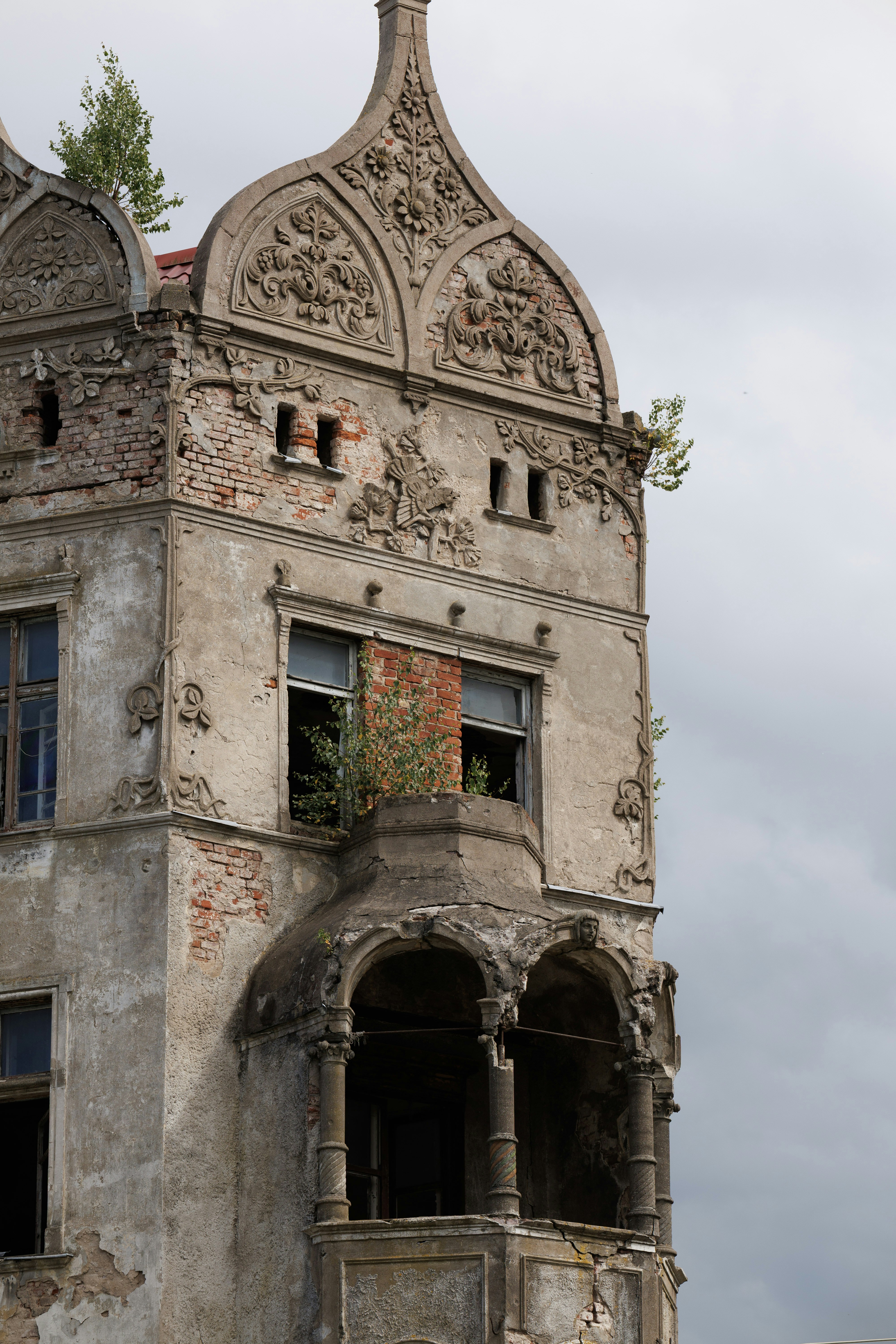 Intricate architectural details of a weathered building, with greenery emerging from broken windows, showcasing nature's reclamation. 