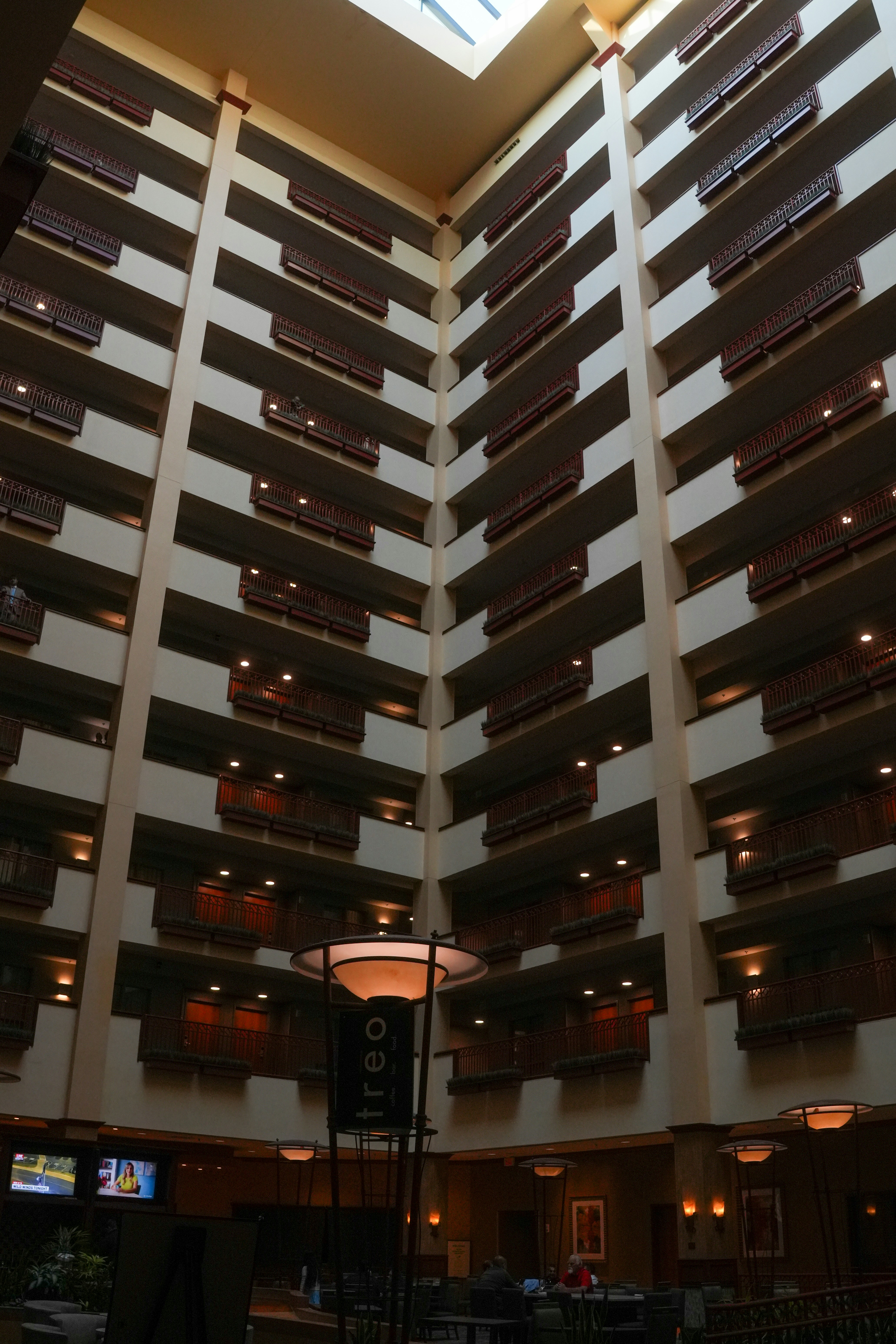 Interior view of a tall hotel atrium.