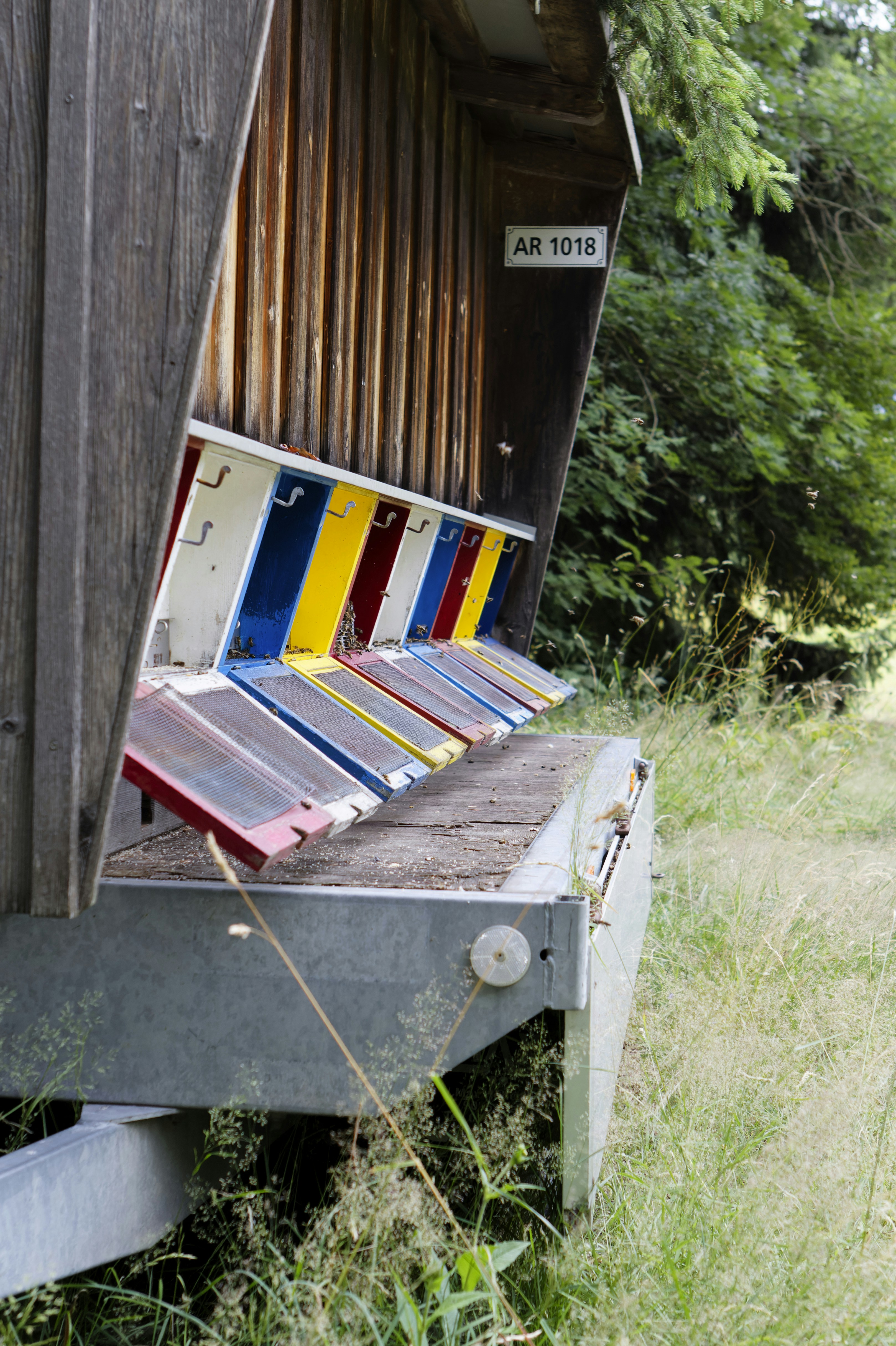 A wooden structure features colorful containers.
