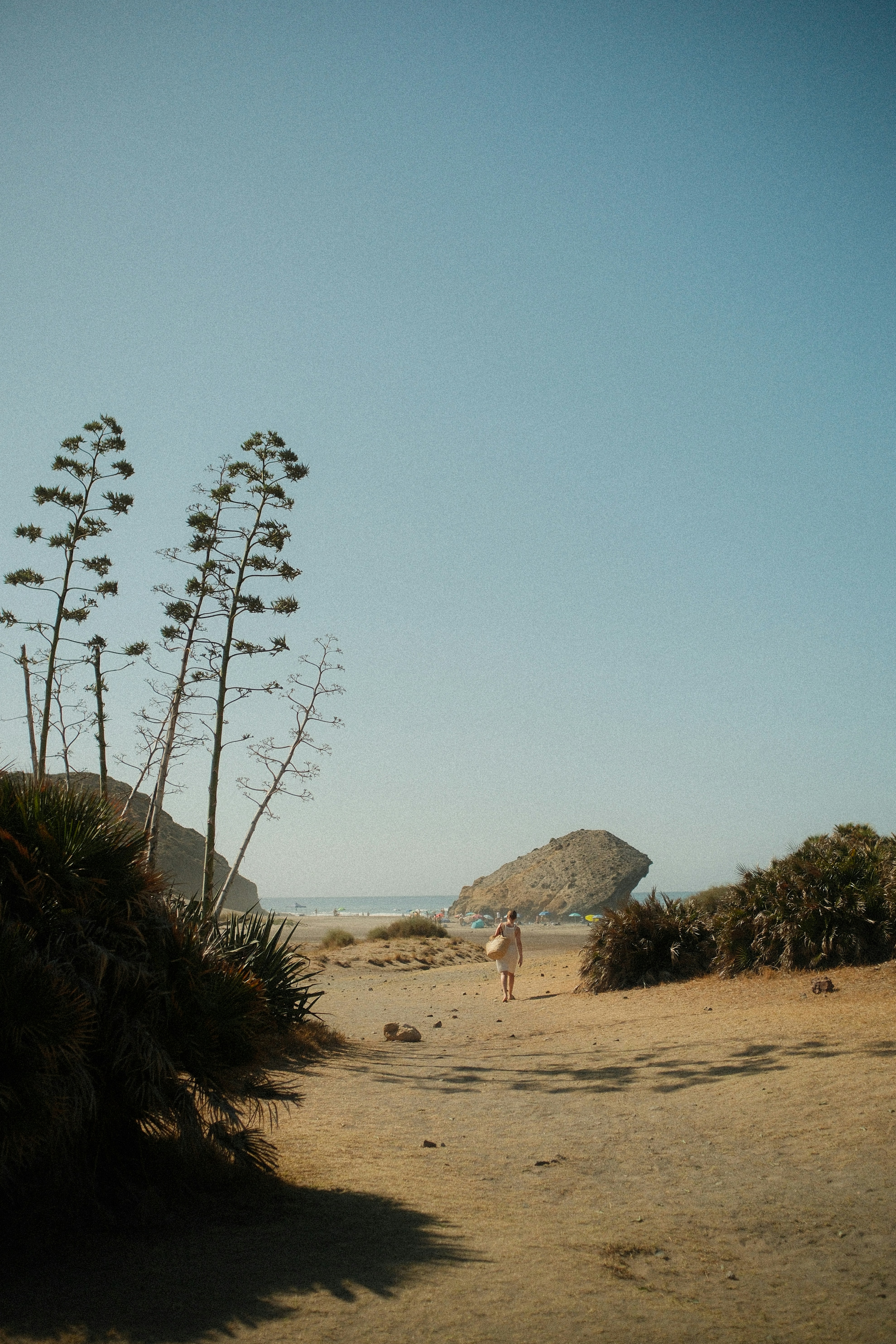 A woman walks along a sun-drenched, sandy path leading down to a secluded beach on a clear summer day. To the left, the tall, dry stalks of agave plants rise against the blue sky, framing the scene. In the distance, the path opens up to a view of the sea and a distinctive dome-shaped rock formation, capturing a perfect moment of travel and exploration on the Spanish coast. | A person walks along a sunny, coastal path.