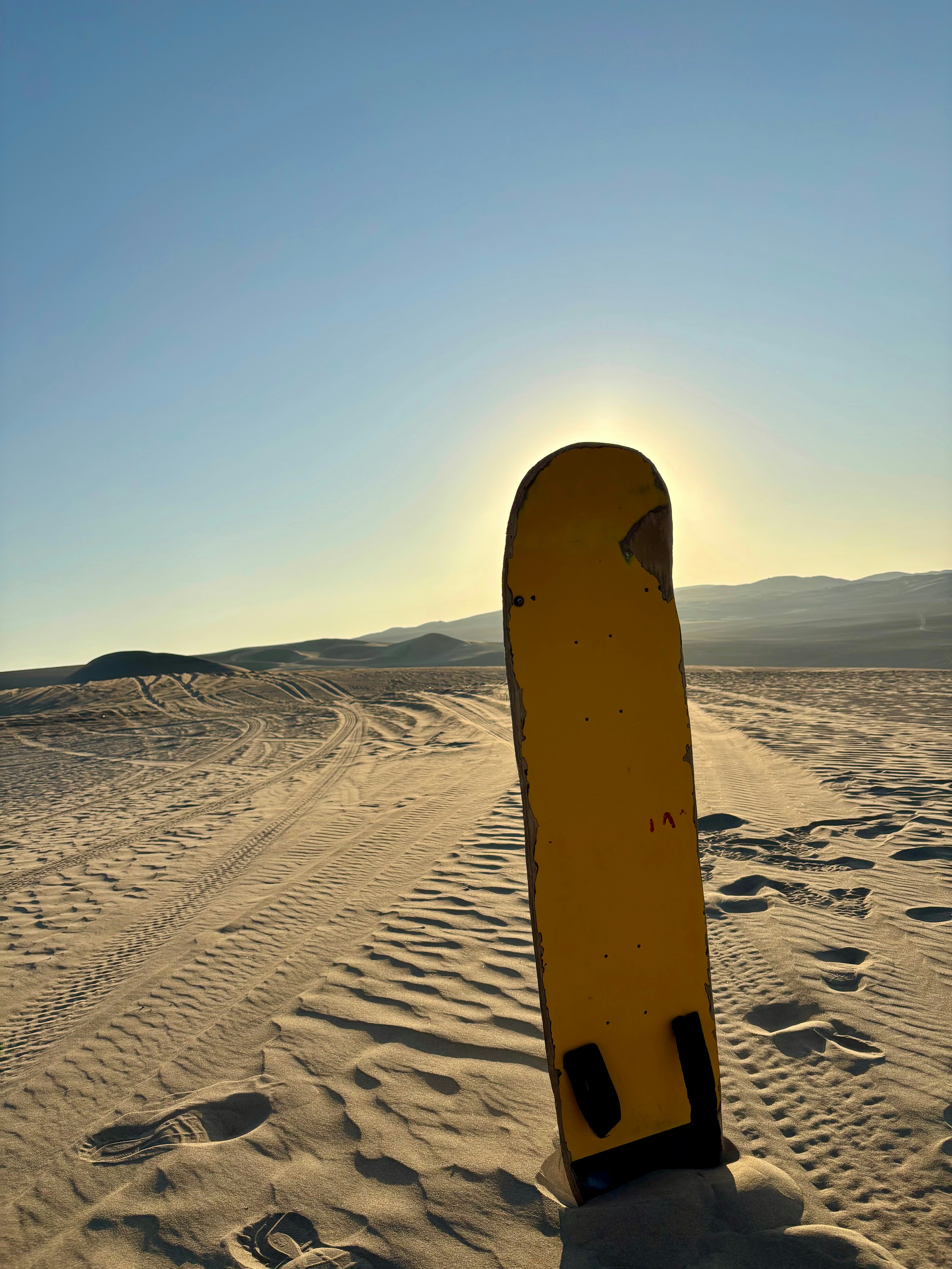Yellow Board Stands Tall in the Desert Dune at Sunset