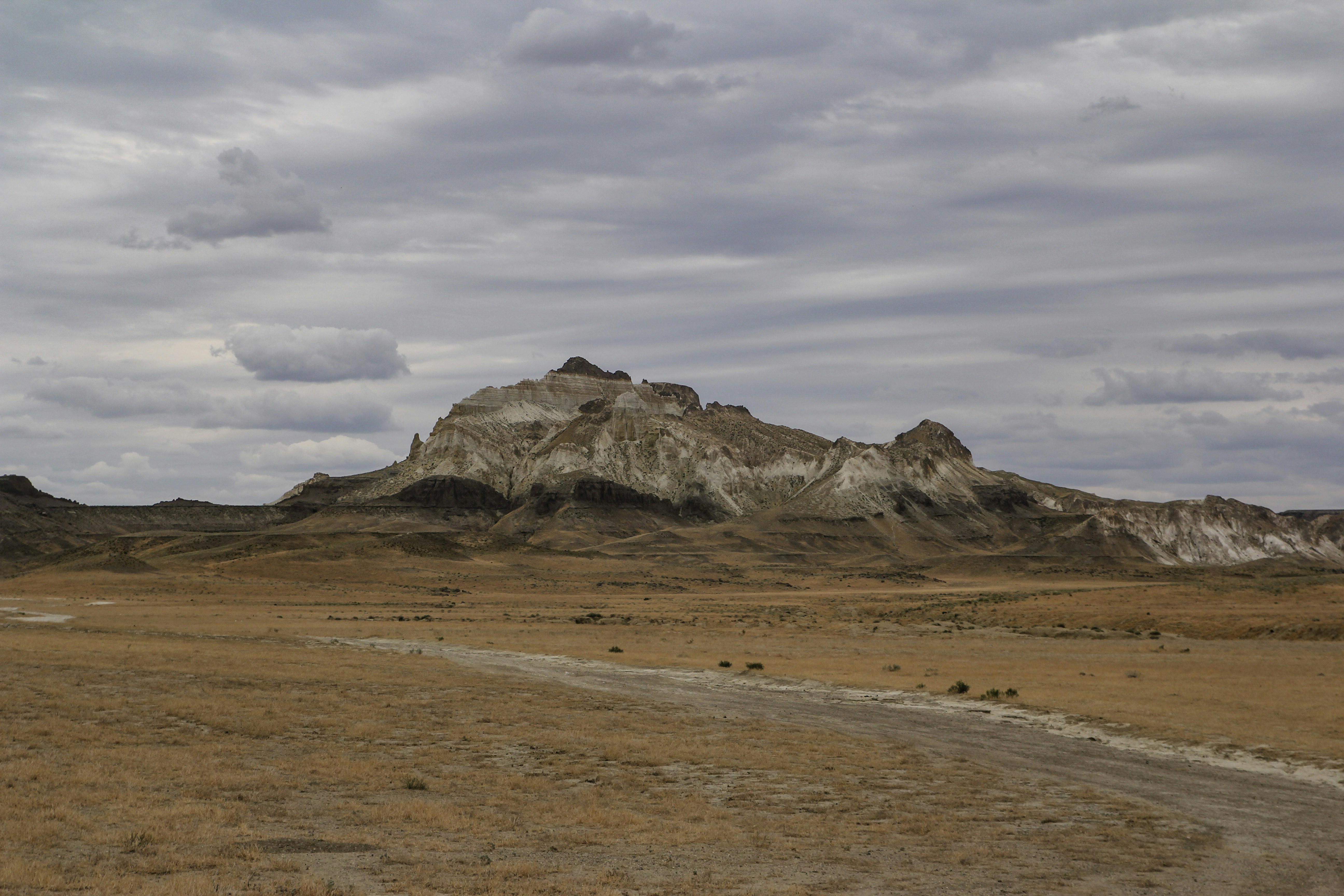 A desert landscape with a rocky mountain.