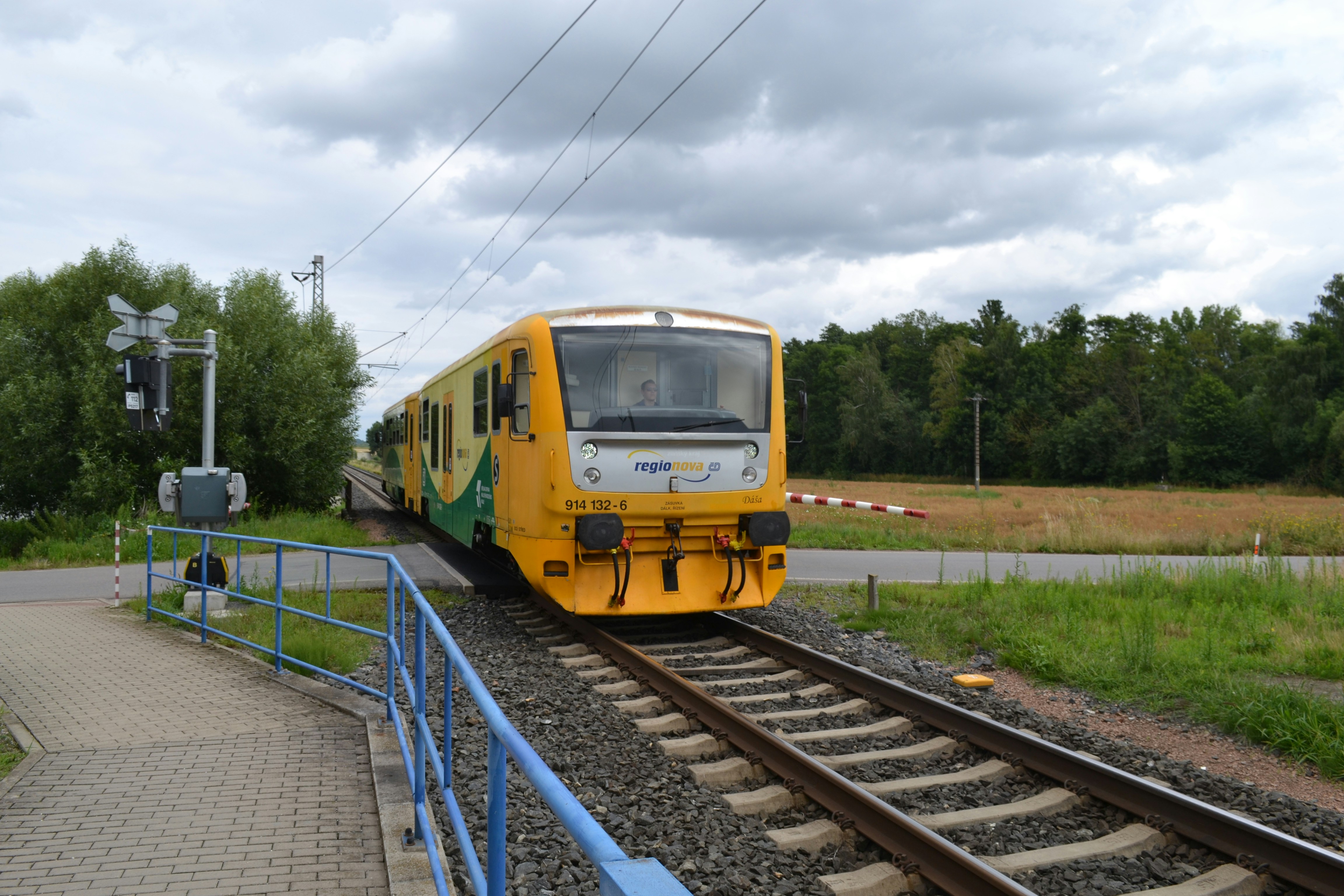 A vibrant yellow train approaches a railway crossing, flanked by lush greenery and a cloudy sky. The scene captures the intersection of nature and transportation.
