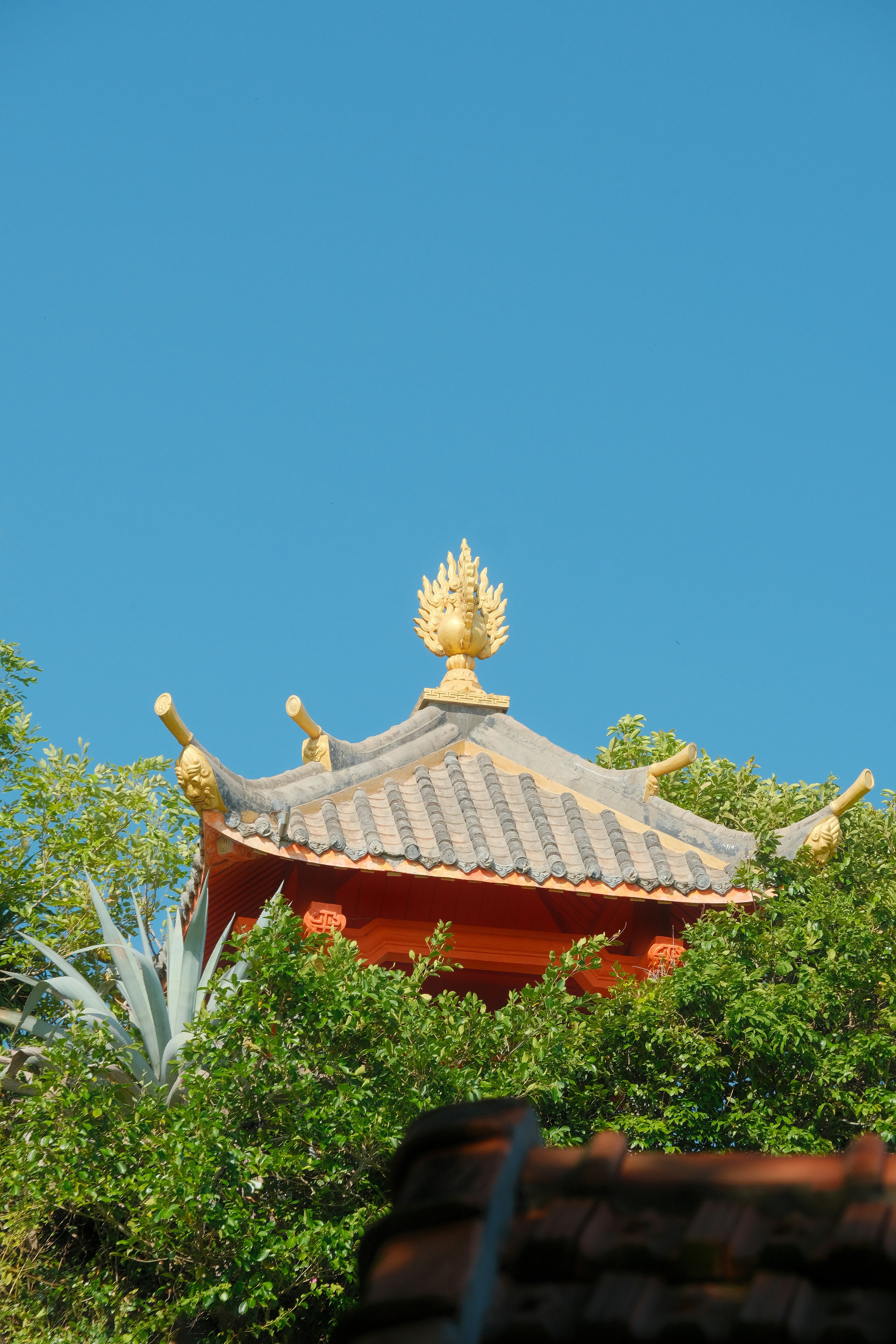 A pagoda roof peeks over green foliage.
