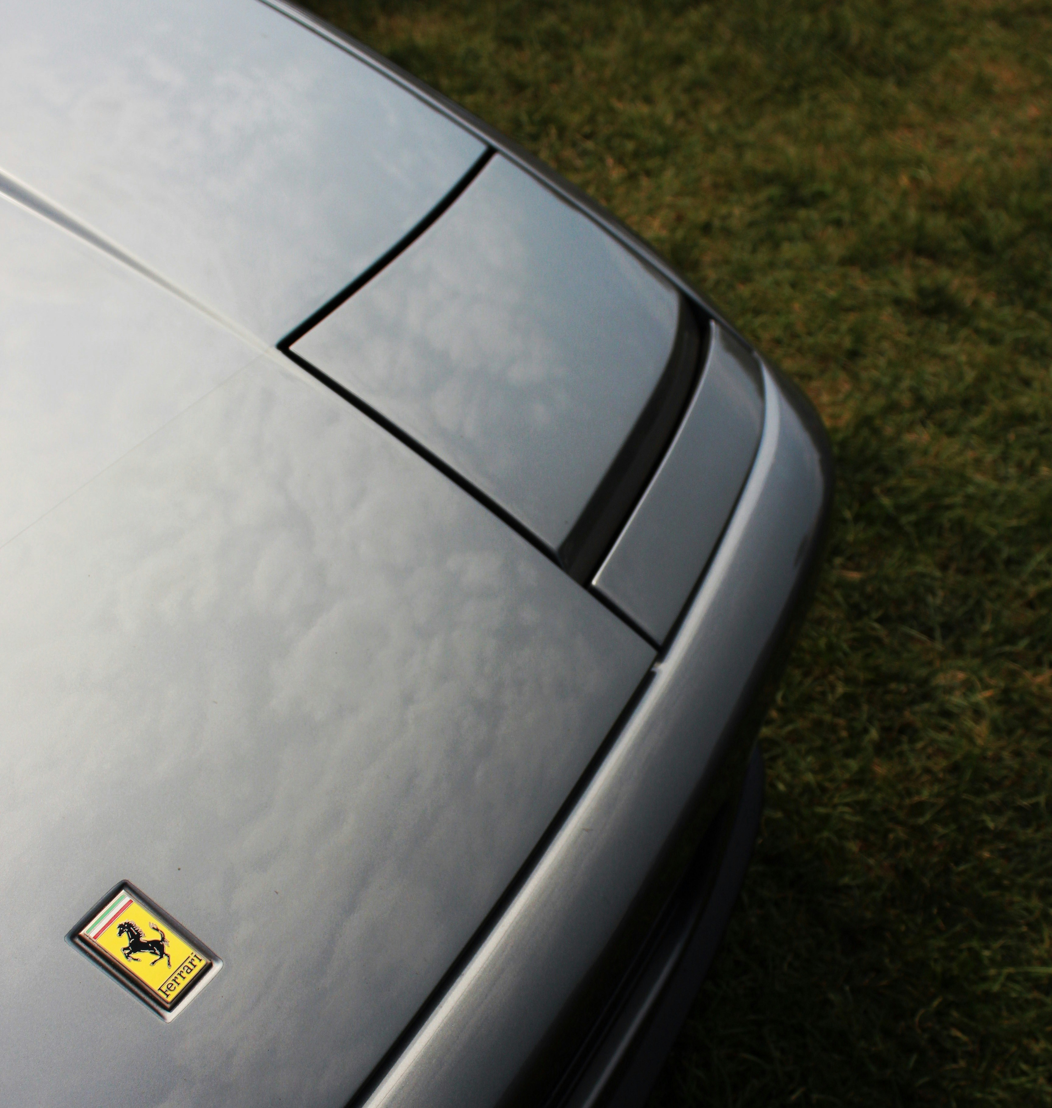 Close-up of a Ferrari hood showcasing its sleek curves and iconic logo against a grassy backdrop.
