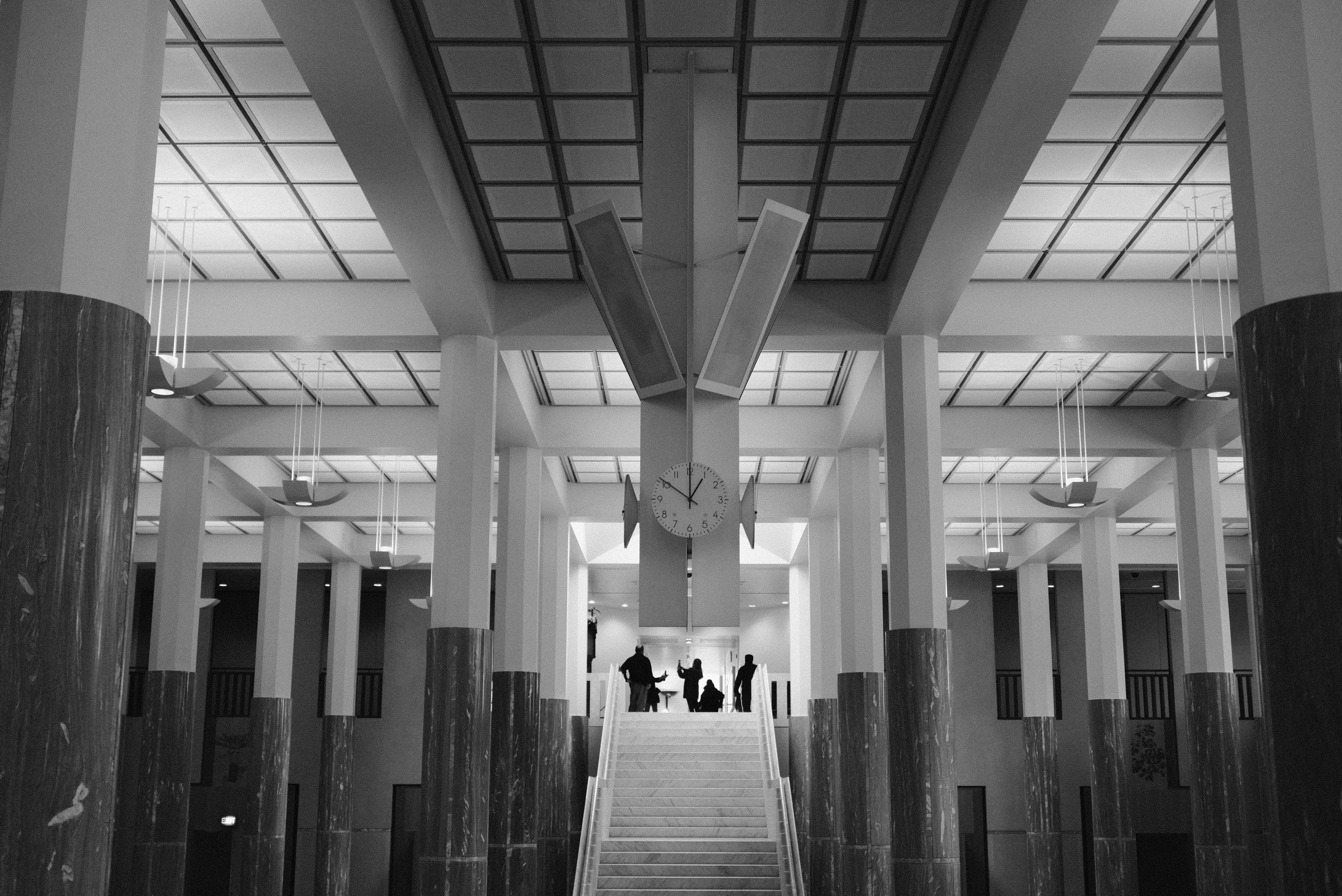 Architectural interior: columns, ceilings, and stairs.