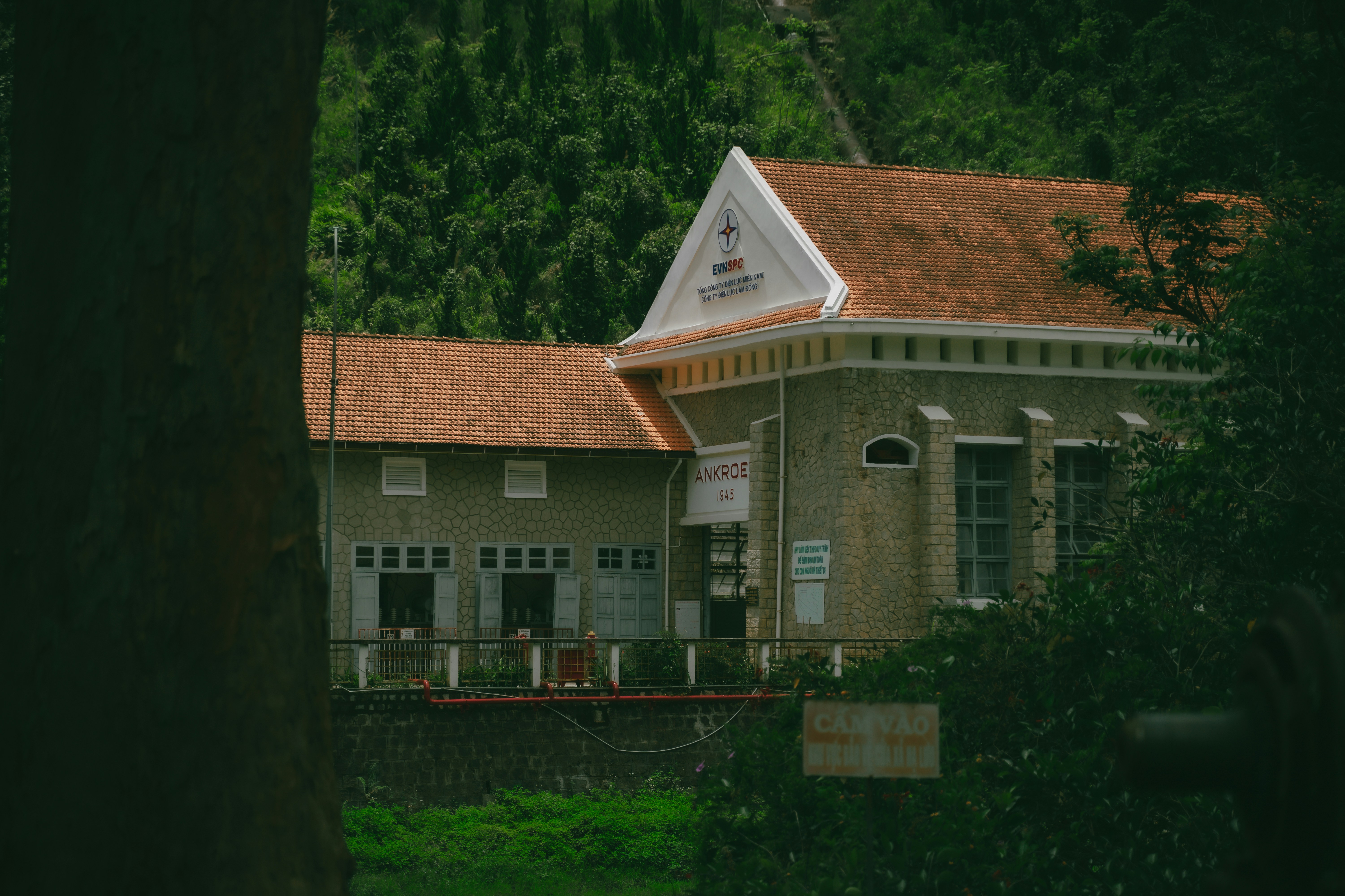 A building with an old-style roof sits near greenery.