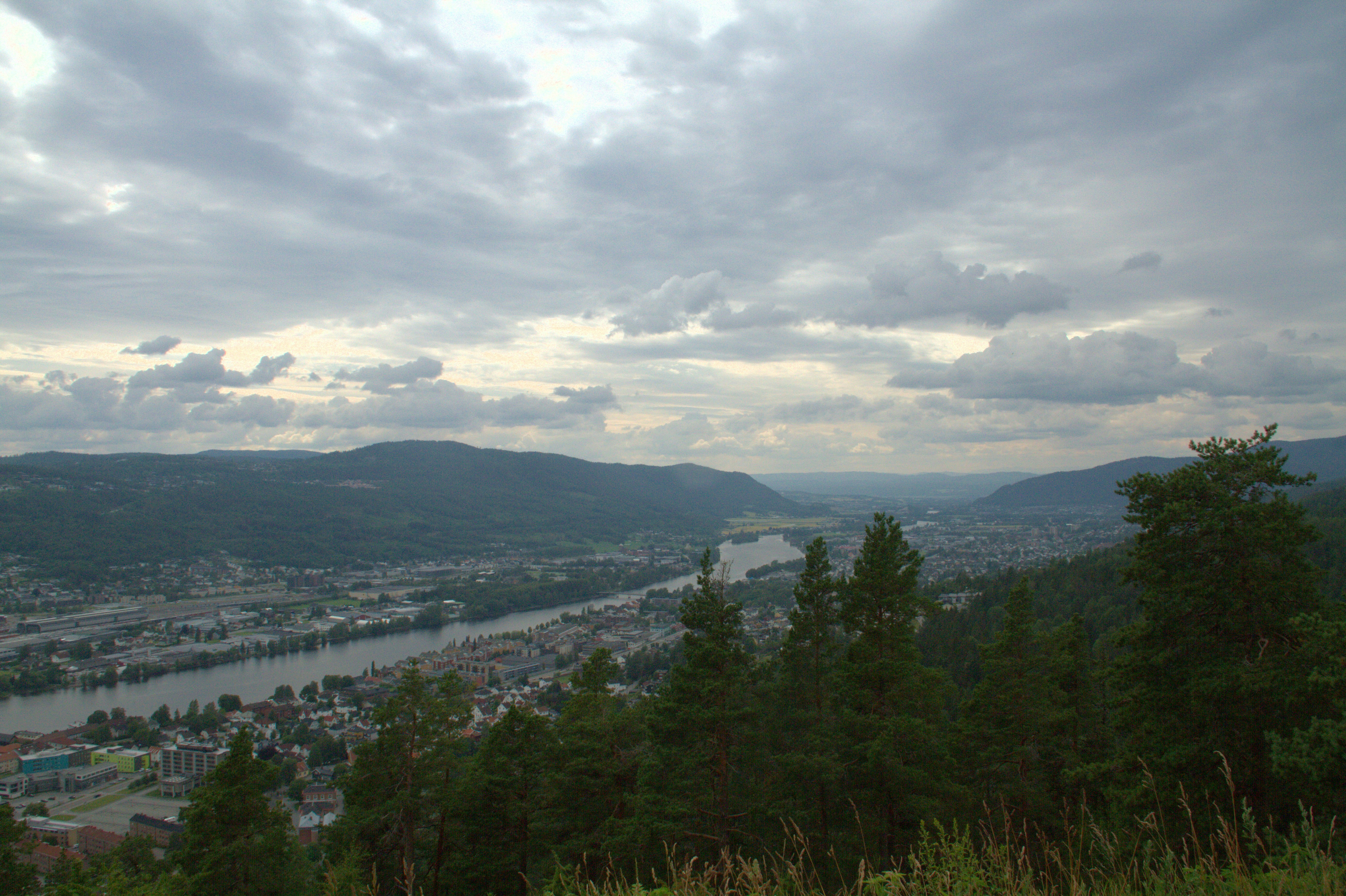 A panoramic view of a river winding through a valley, framed by lush trees and distant hills under a cloudy sky.