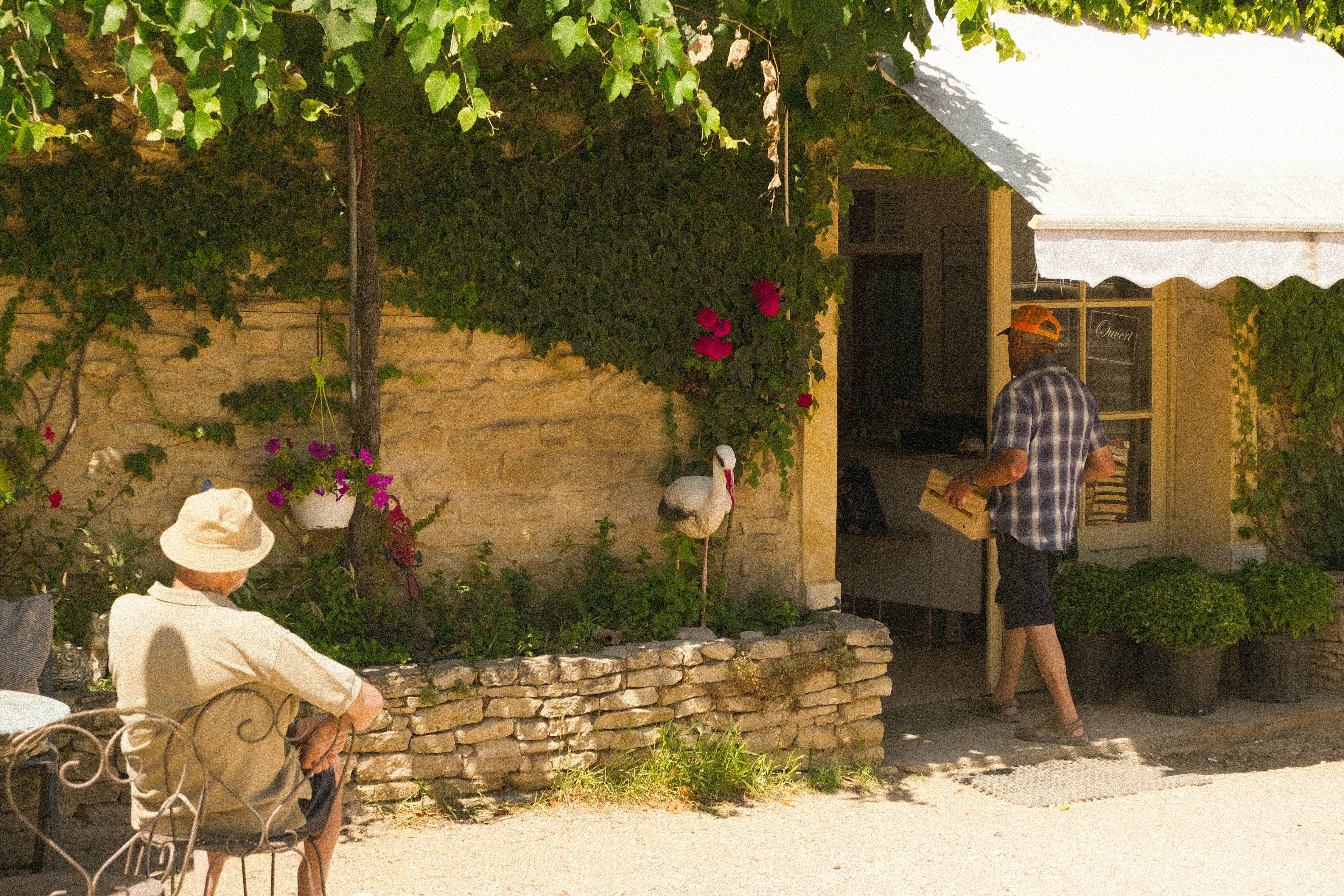 A man interacts with a shopkeeper in a quaint village setting, while a seated figure enjoys the tranquil atmosphere. A stork stands among the flowers, adding charm to the scene.