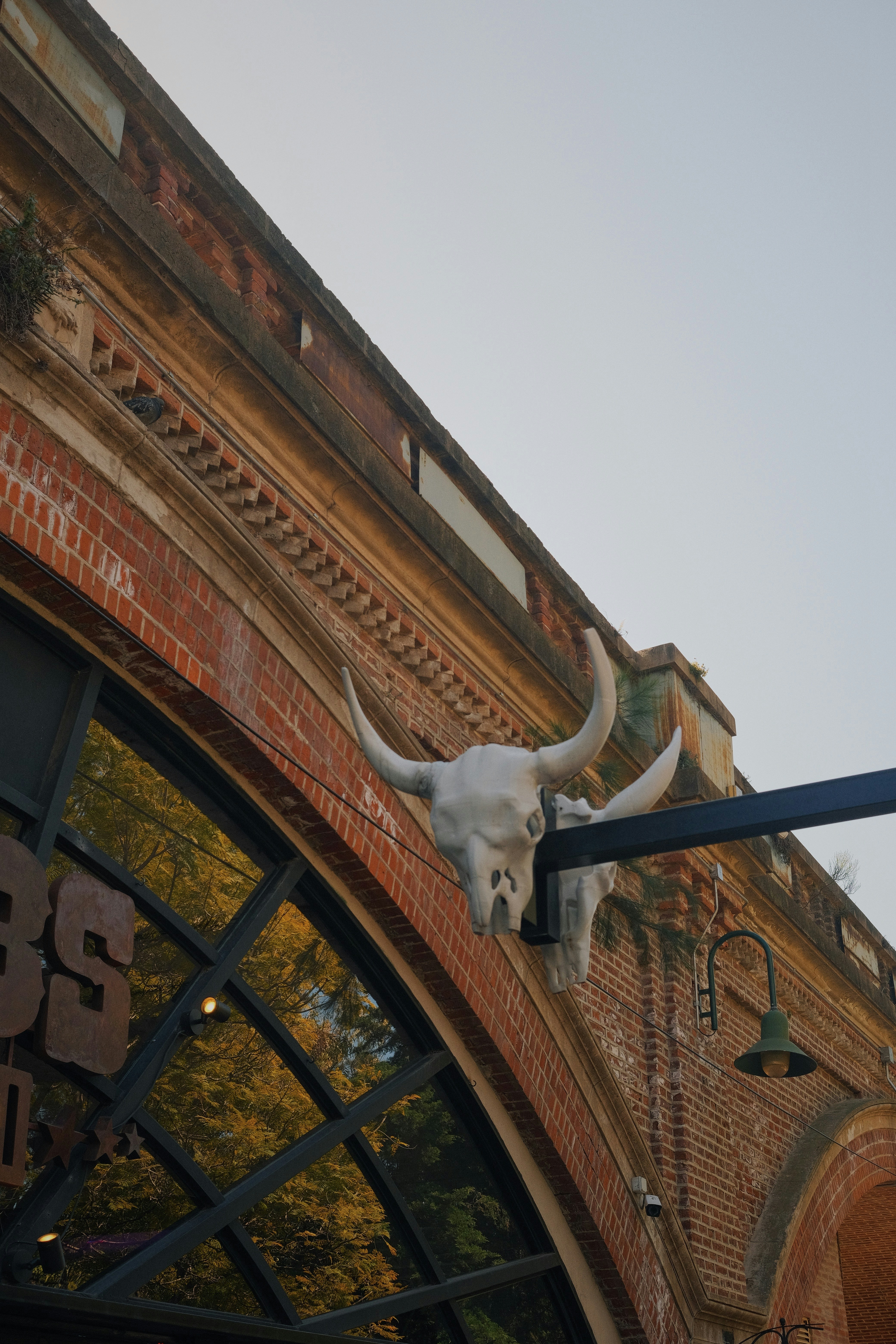 A bull skull decorates a brick archway.