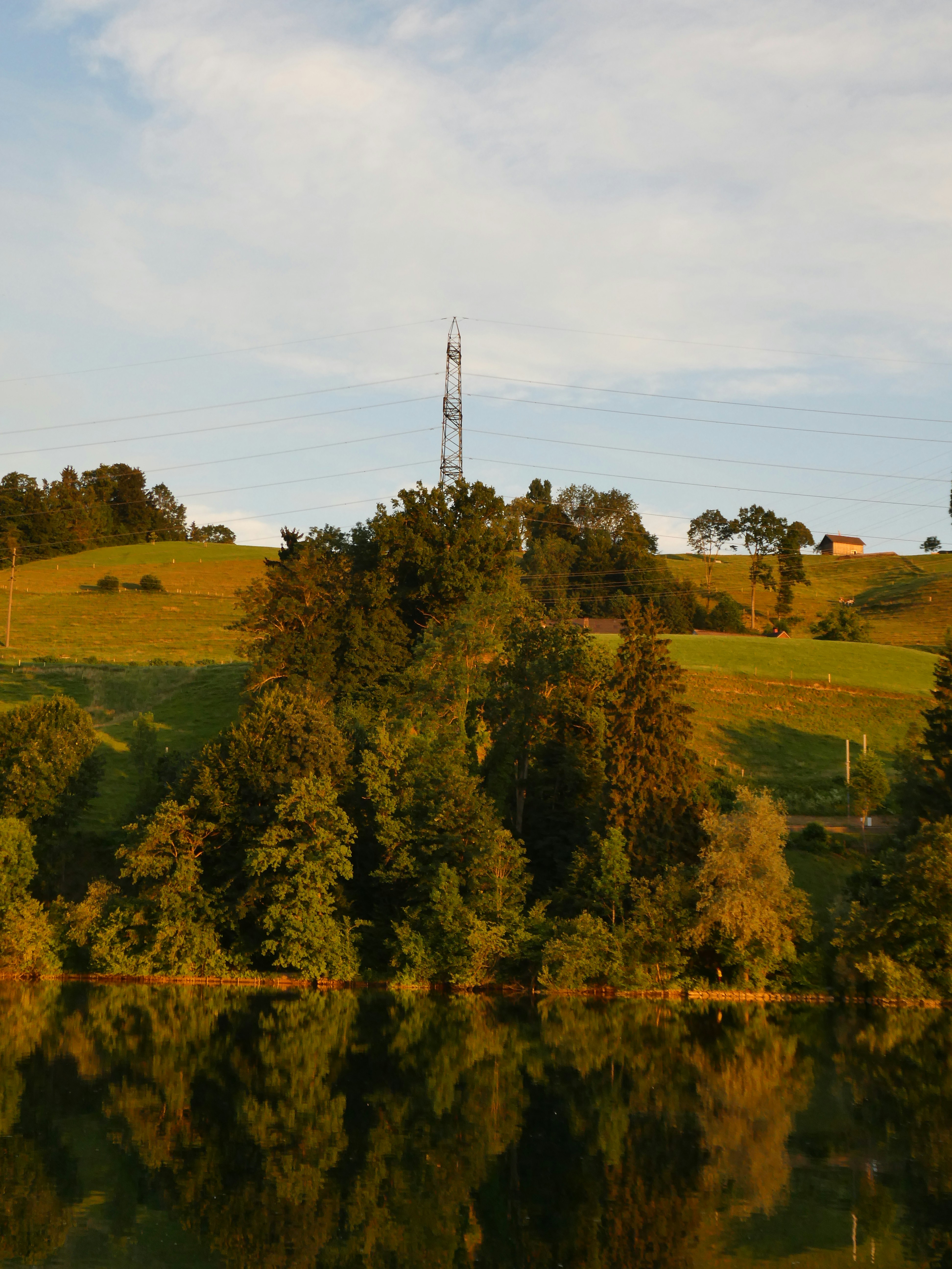 Sunday evening walk at Gübsensee, St.Gallen. | Trees, a lake, and rolling hills under a clear sky.