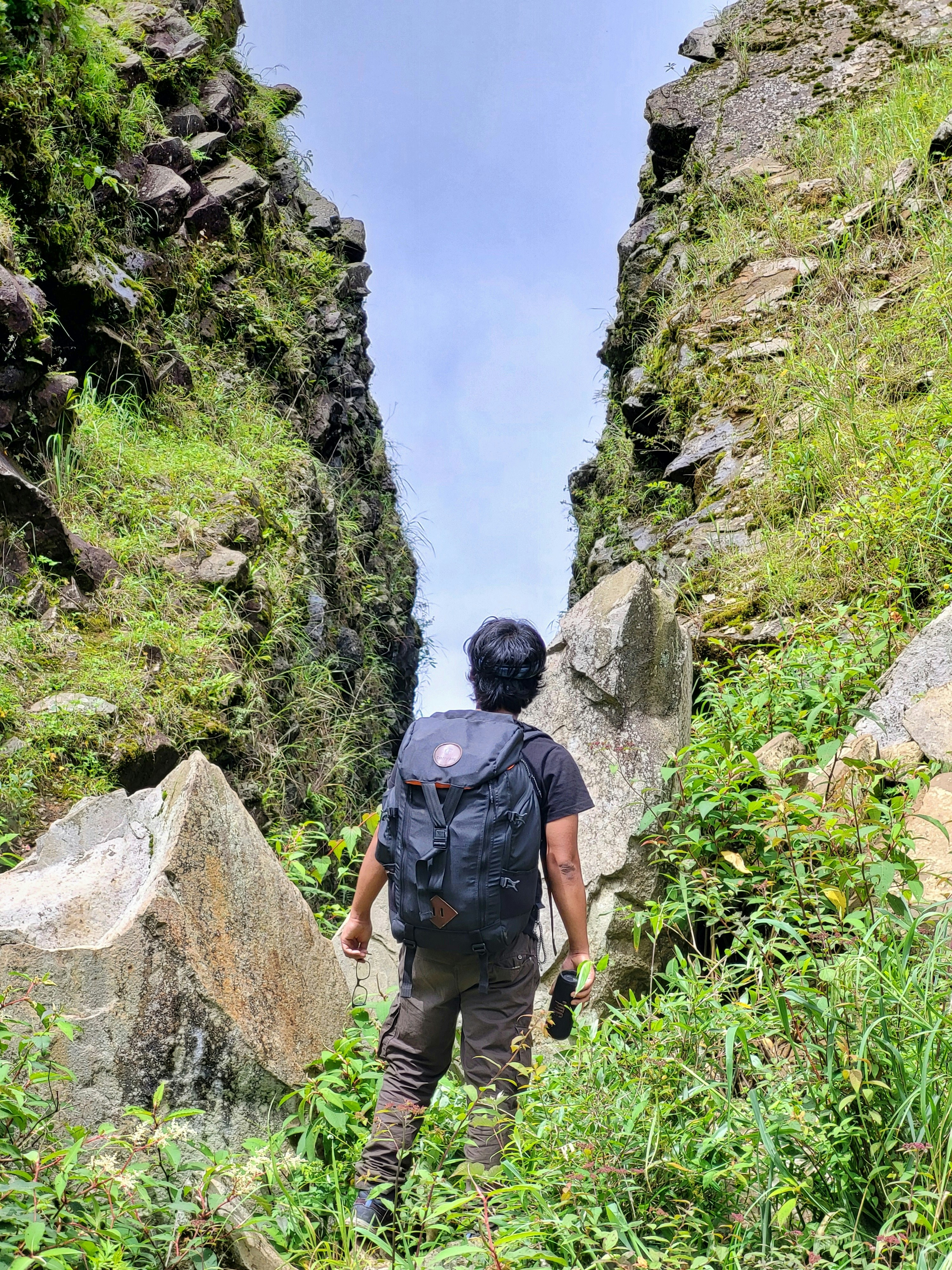 Hiker standing amidst towering rock formations and lush greenery, gazing towards a bright sky. The scene captures the essence of adventure and exploration.