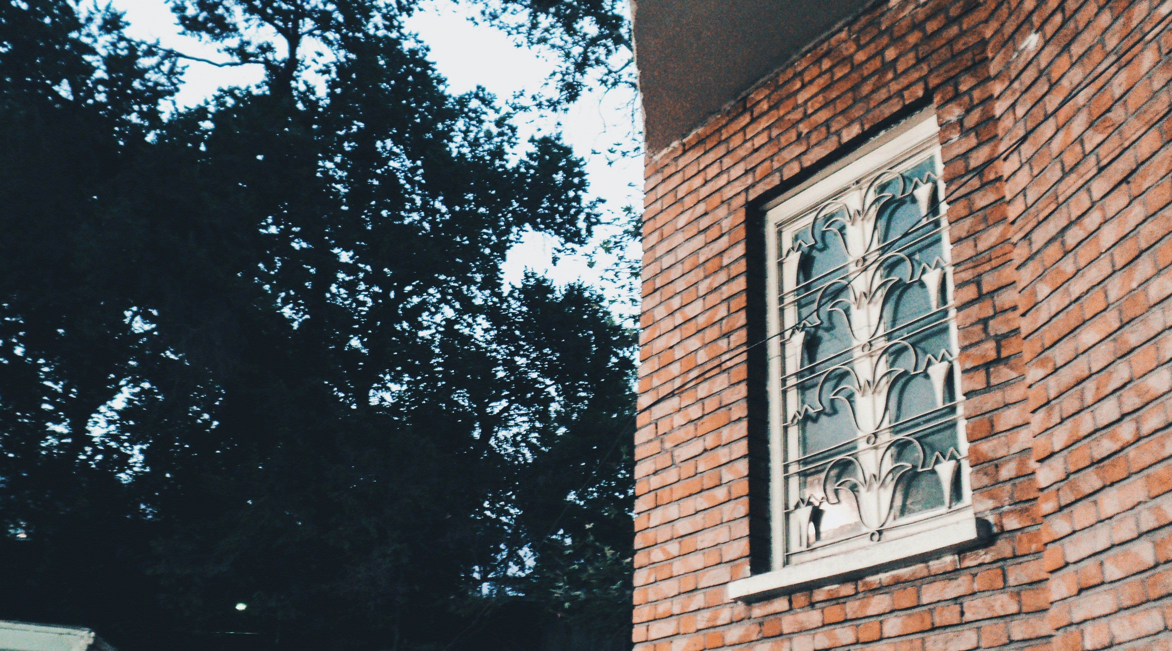Let me in. | Broken window in a brick building.