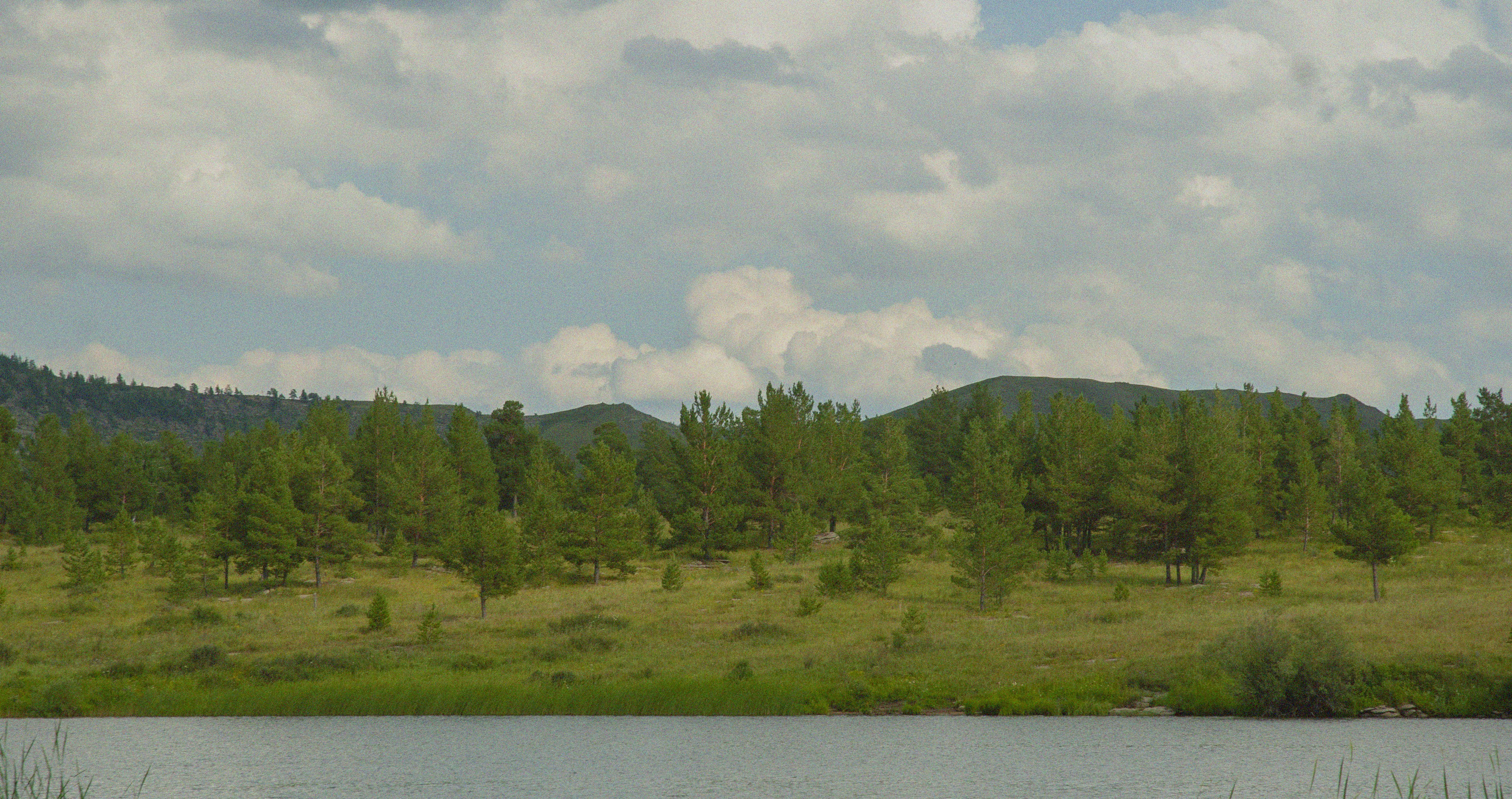 A lake, trees, and rolling hills under a cloudy sky.