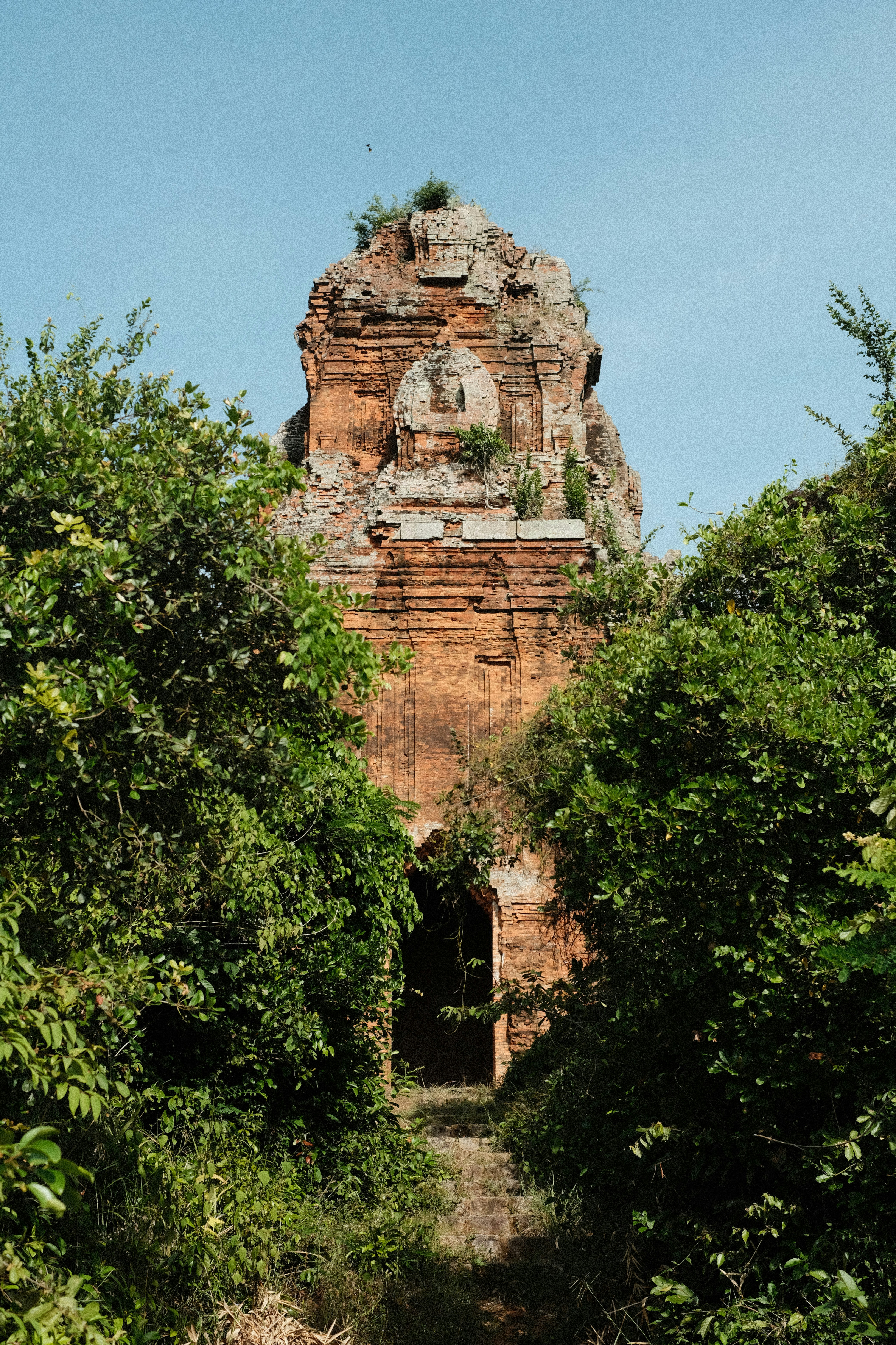 Ancient brick temple partially hidden by lush greenery, showcasing weathered architecture and a serene entrance. A glimpse into a bygone era.