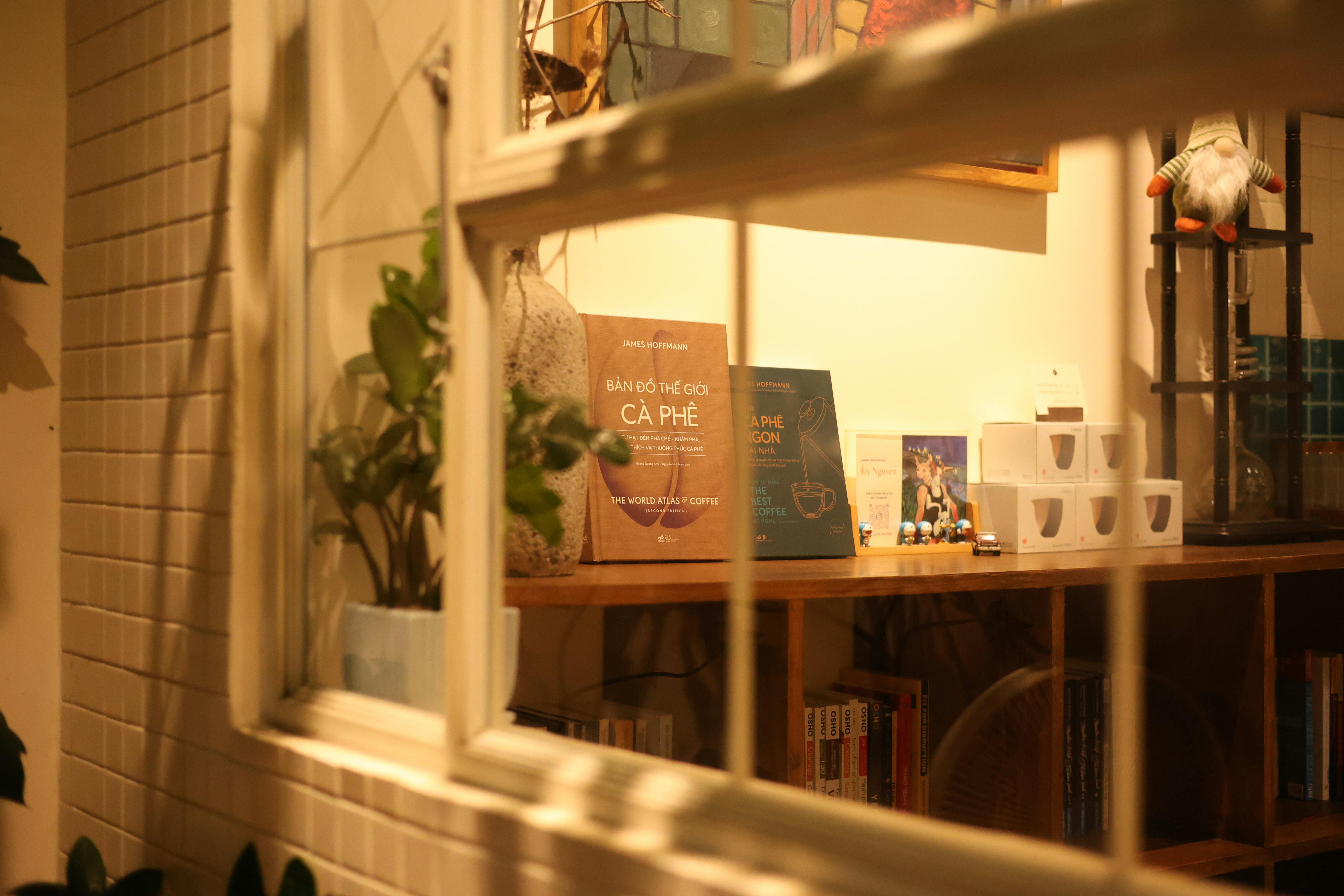 A cozy, illuminated shelf is seen through a window.