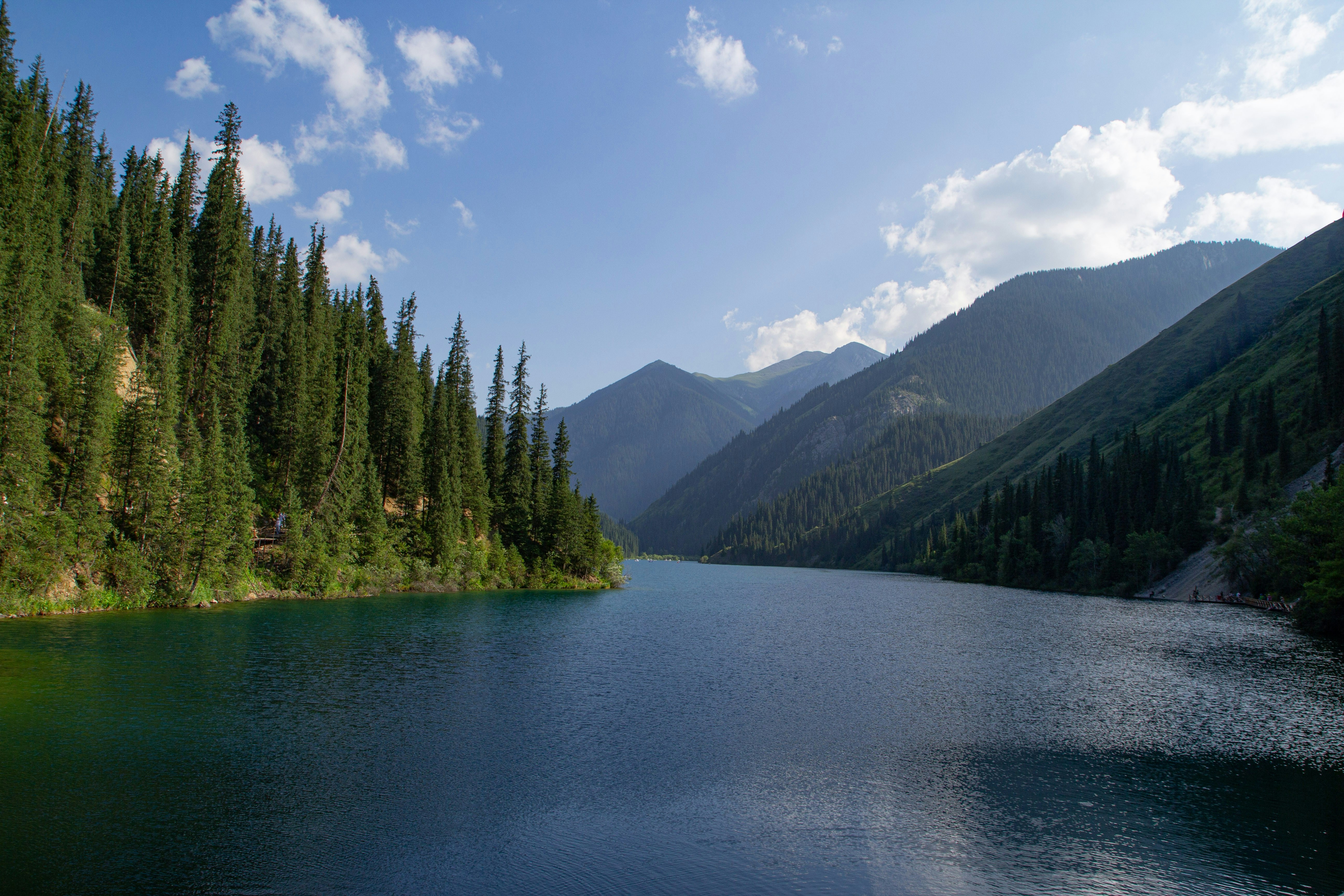 A scenic lake is surrounded by mountains and trees. photo – Free Lake ...